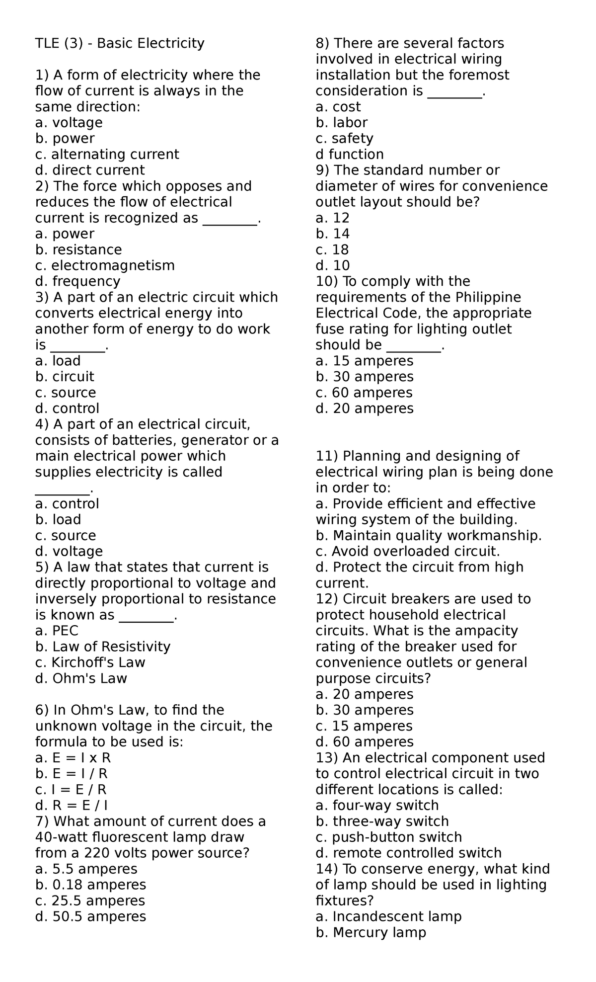 TLE Major TEST SET 010 Basic electricity 1 - TLE (3) - Basic ...