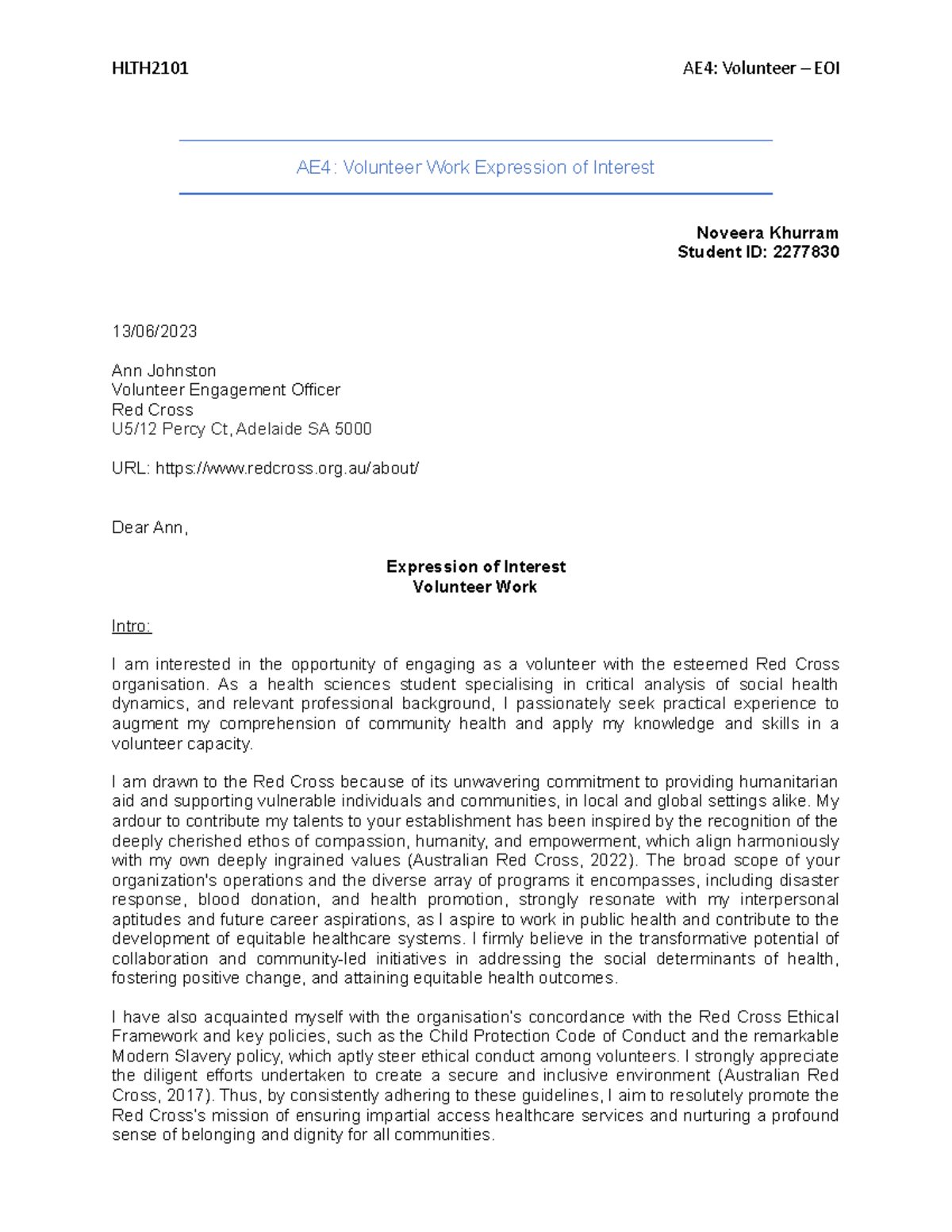 Expression of Interest Letter - AE4: Volunteer Work Expression of ...