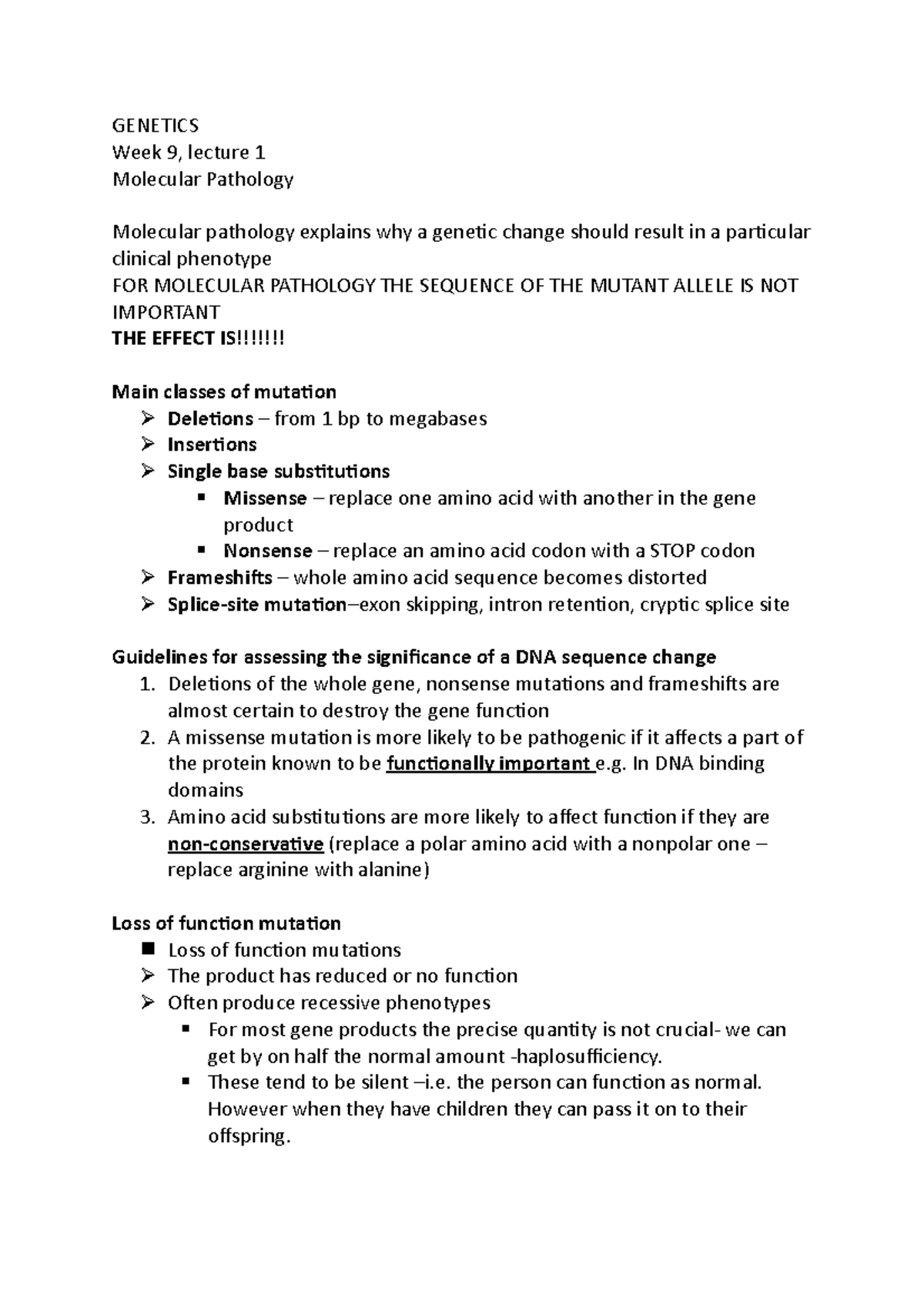 Applied genetics Molecular Pathology - GENETICS Week 9, lecture 1 ...