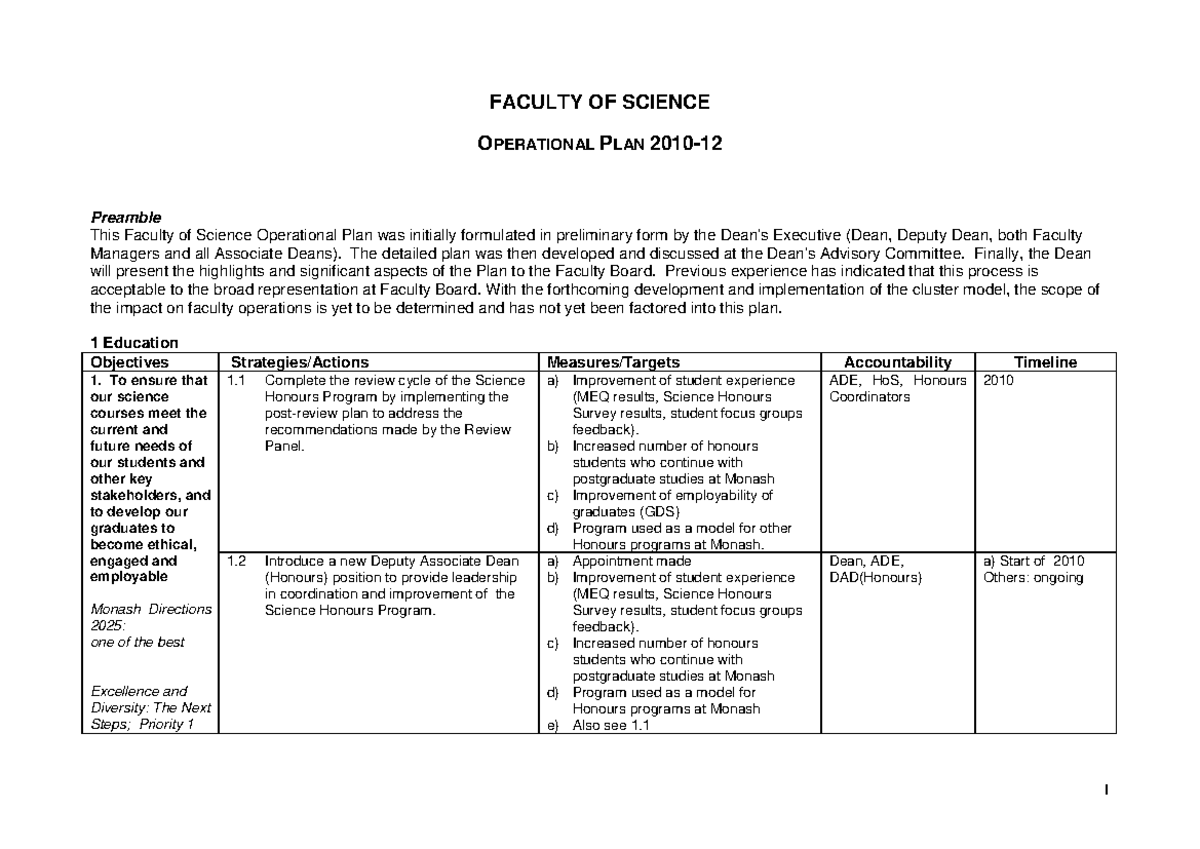 Science op plan 2010 - improvement and strategies - FACULTY OF SCIENCE ...