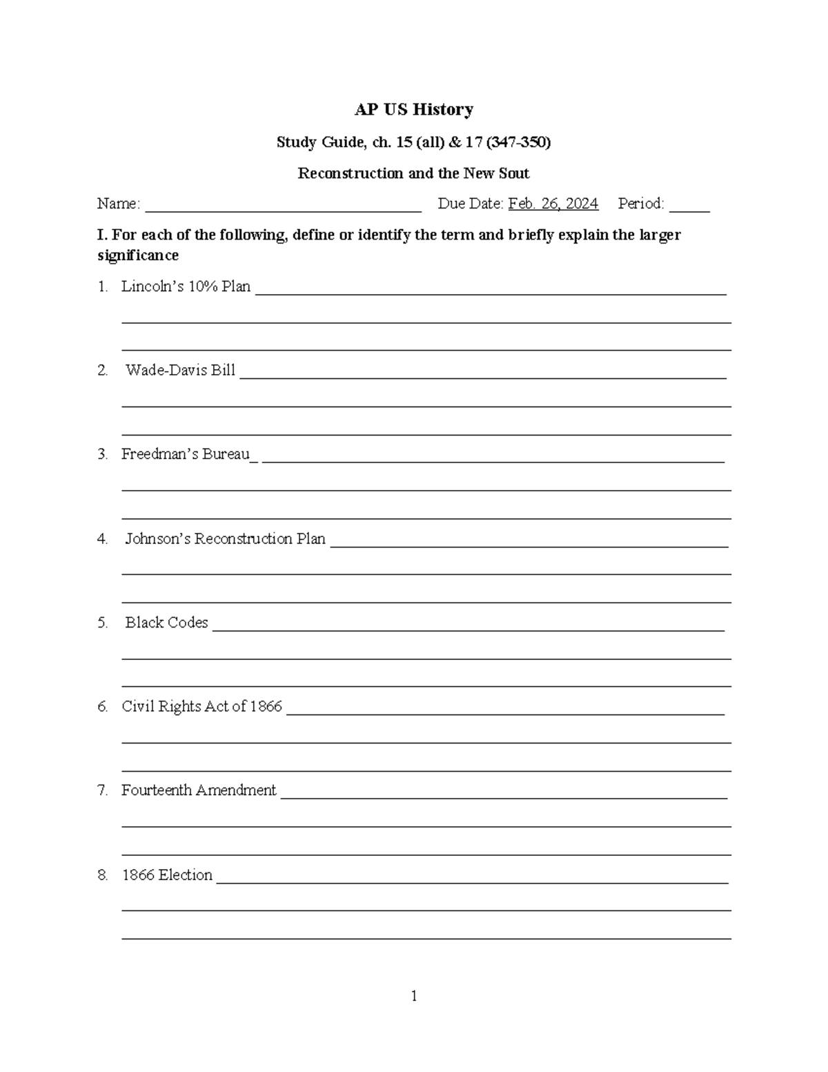 Ch 15 Reconstruction Study Guide - AP US History Study Guide, ch. 15 ...