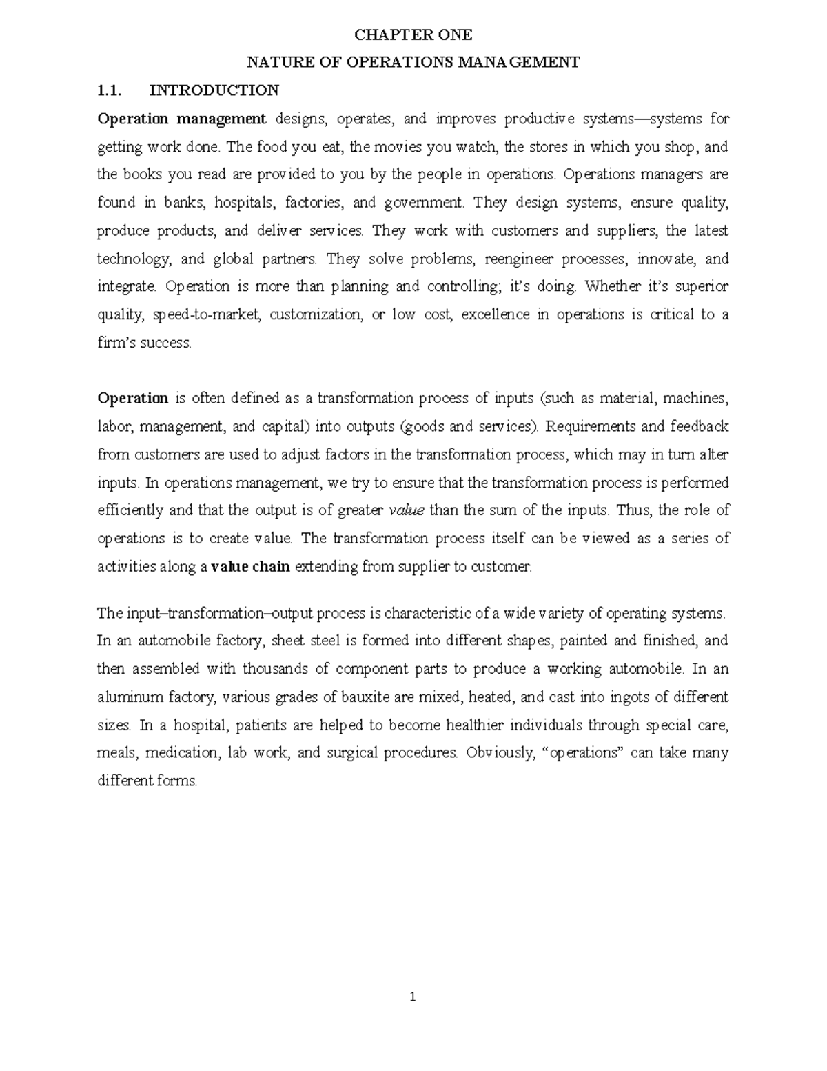 OM- Chapter 1 - CHAPTER ONE NATURE OF OPERATIONS MANAGEMENT 1 ...