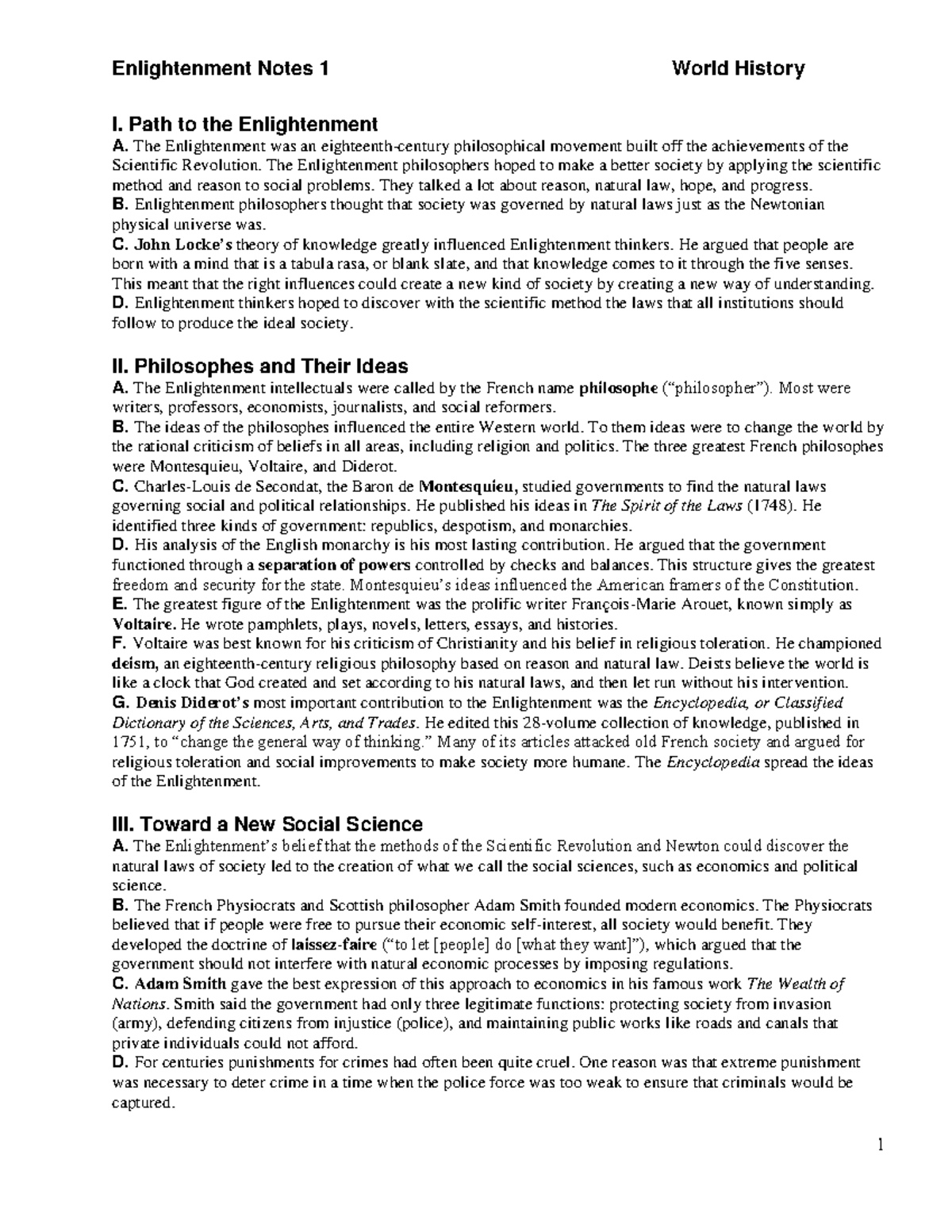 Enlightenment Notes 1 - Springer - Enlightenment Notes 1 World History ...