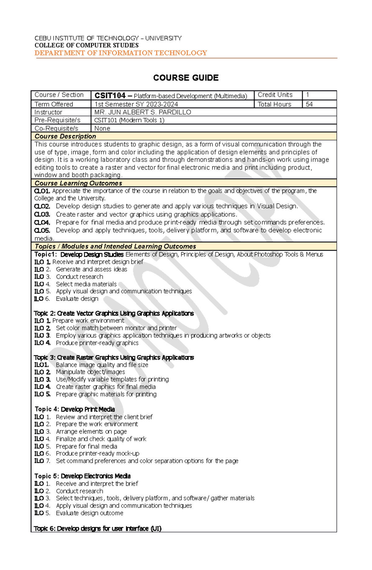 Course Guide CSIT104 - CSIT - CEBU INSTITUTE OF TECHNOLOGY – UNIVERSITY ...
