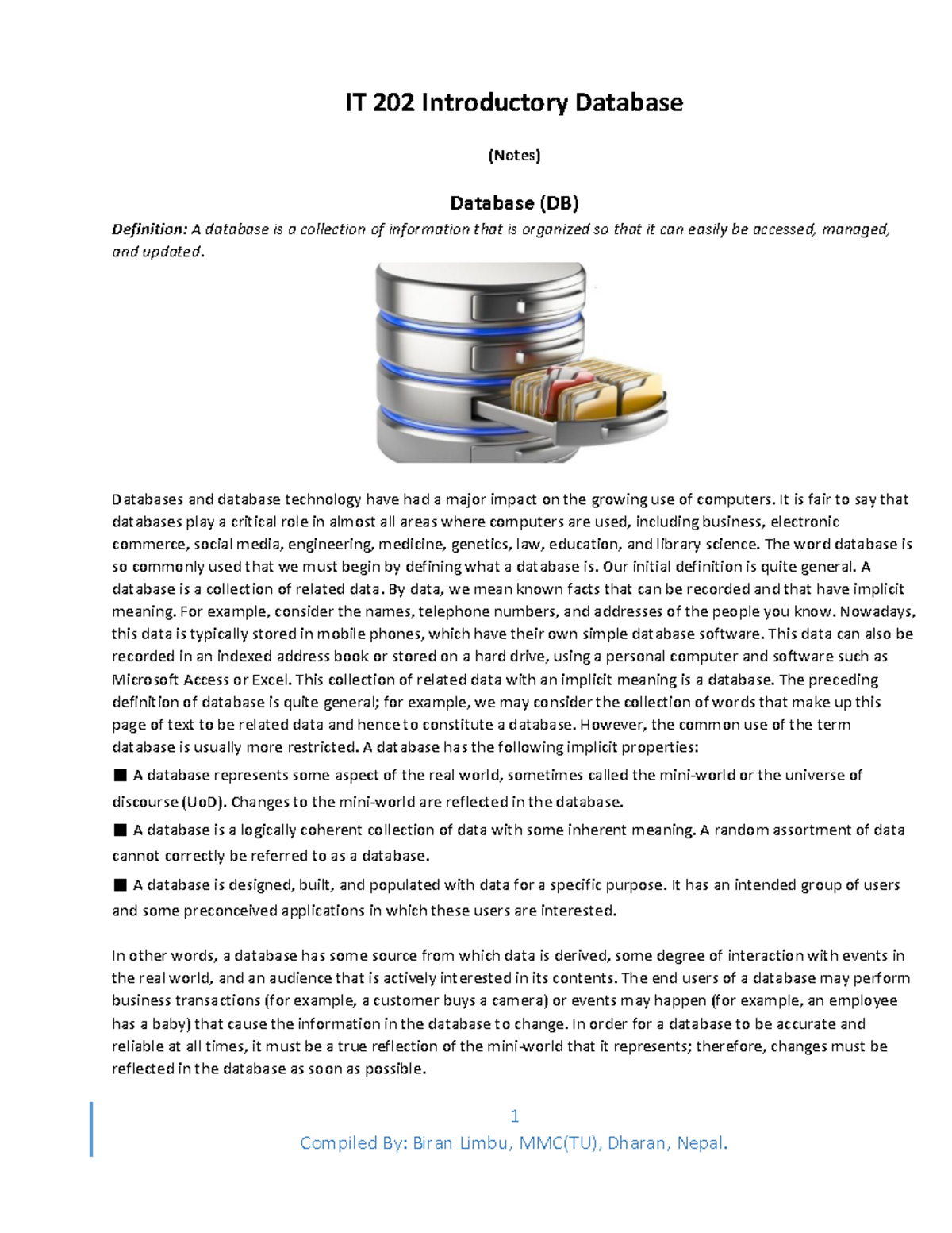 BBA 2nd sem Database Notes Updated 2022 - 1 IT 202 Introductory ...