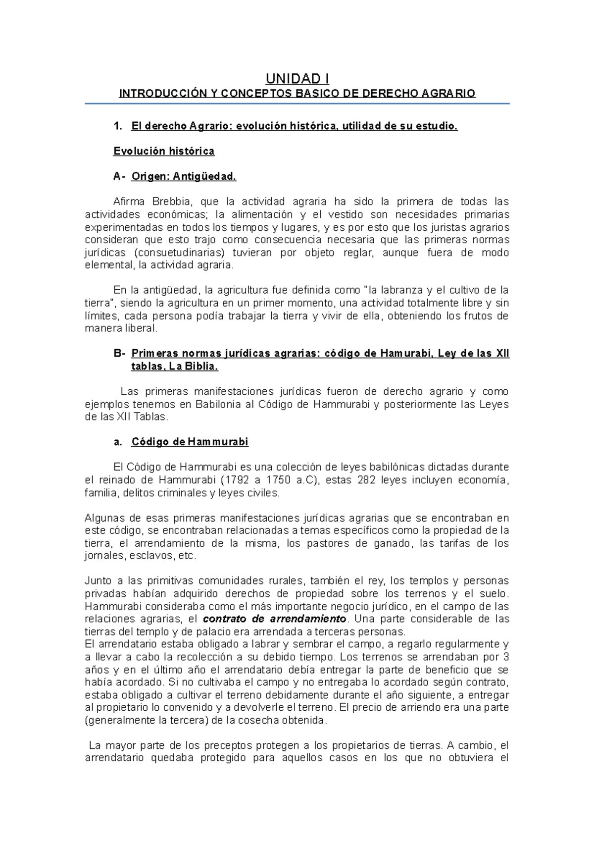 Resumen Agrario - CATEDRA BERMUDEZ - UNIDAD I INTRODUCCIÓN Y CONCEPTOS BASICO DE DERECHO AGRARIO ...