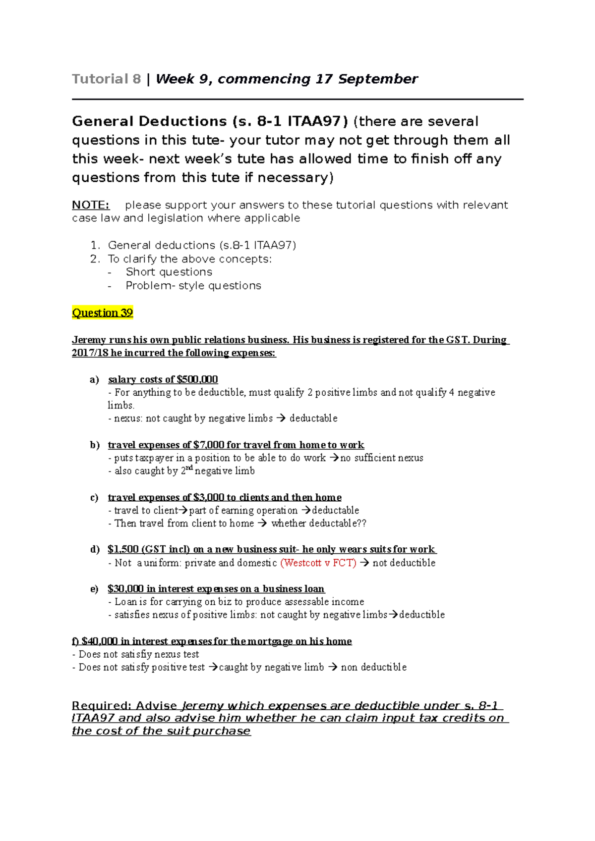 Tutorial 8 tax law answers - Tutorial 8 | Week 9, commencing 17 ...