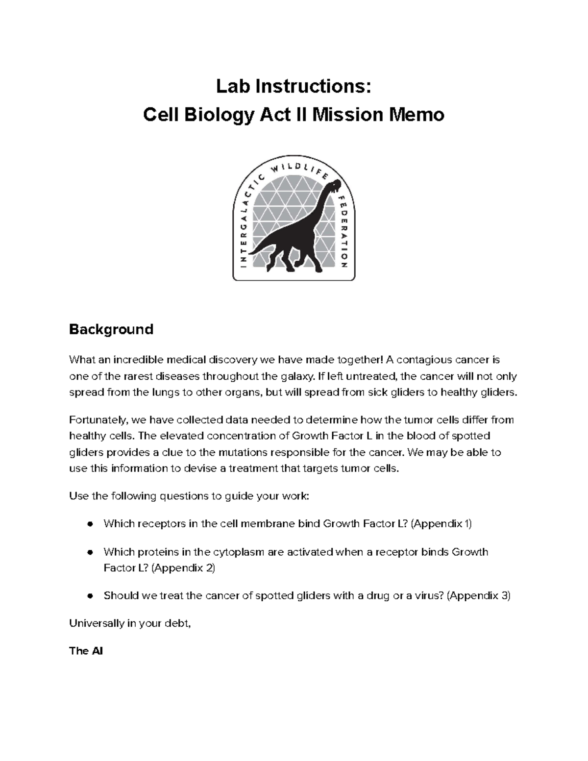 Lab Instructions Cell Biology Act II Mission Memo (Summer A 2024) - Lab Instructions: Cell ...