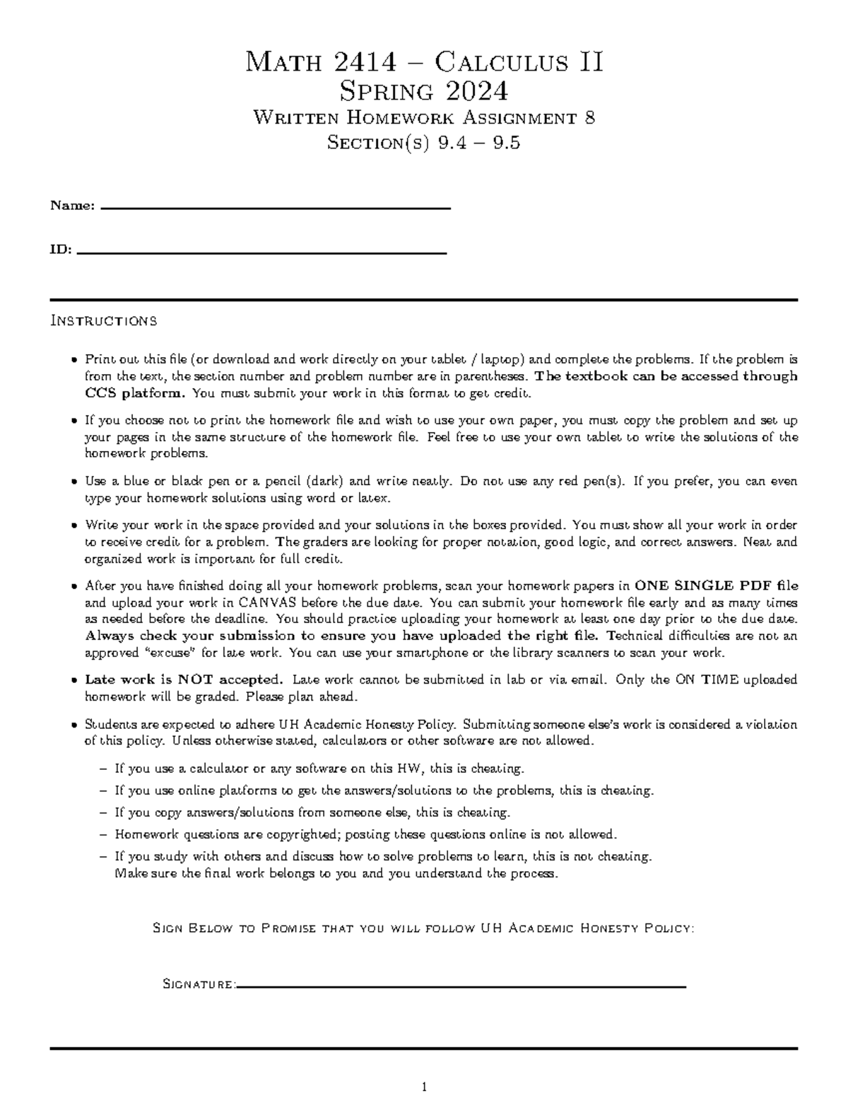 Whw08 - University of Houston - Math 2414 – Calculus II Spring 2024 ...