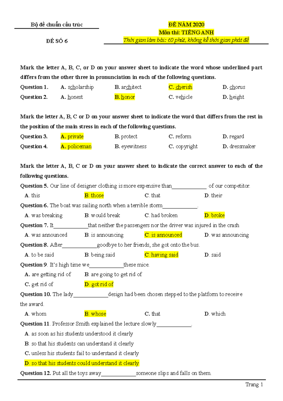 - Đề chuẩn Tiếng Anh 2020 - Đề 6 - Bộ đề chuẩn cấu trúc ĐỀ SỐ 6 ĐỀ NĂM ...