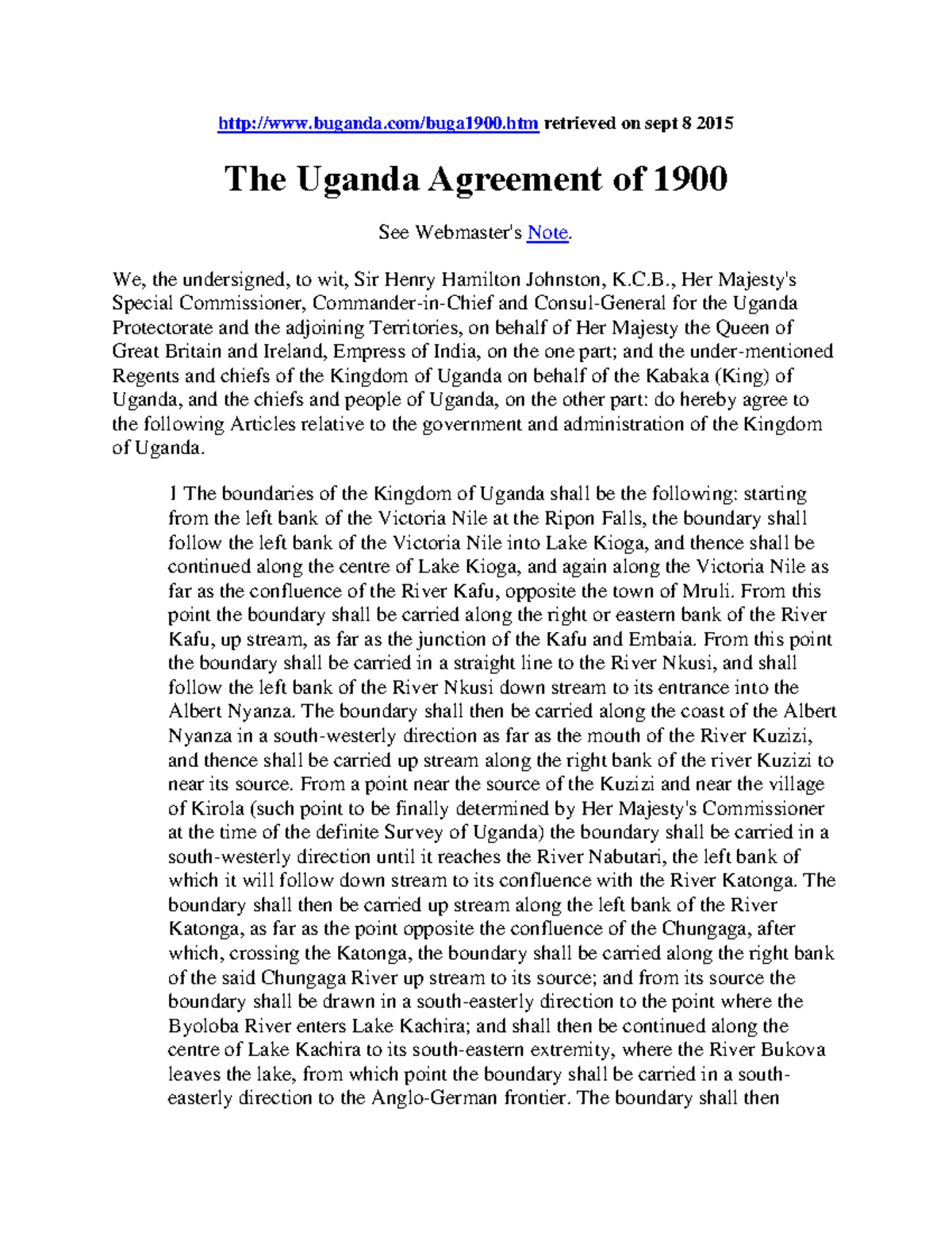 Buganda Agreement, 1900 - buganda/buga1900.htm retrieved on sept 8 2015 ...
