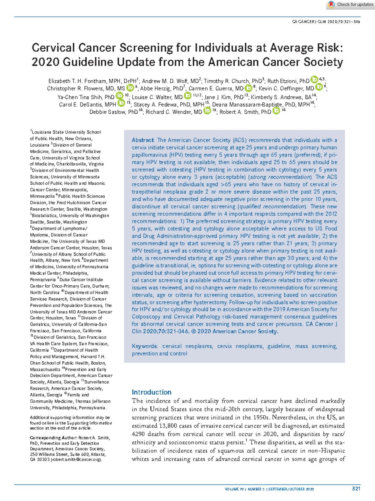 CA A Cancer J Clinicians - 2020 - Fontham - CA CANCER J CLIN 2020;70: ...