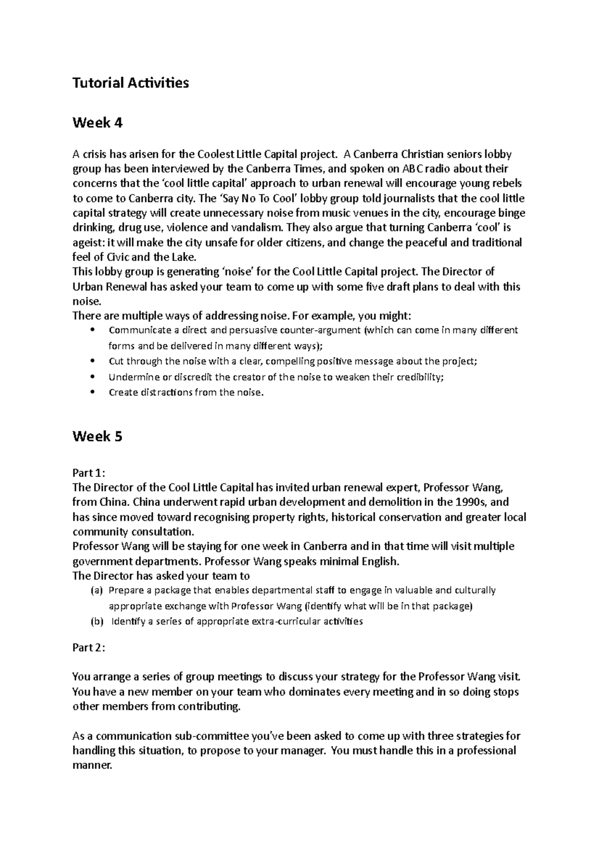 Tutorial Activities Week 4-9 for Cool Little Capital Project - Studocu