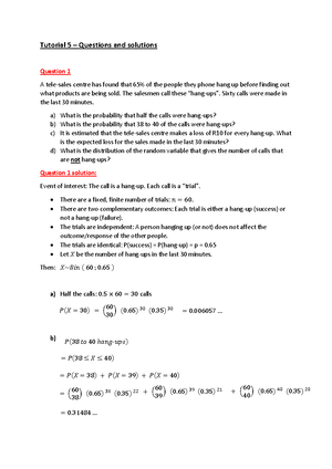 Tutorial 5 - Q and A - Tutorial 5 – Questions and solutions Section A Question 1 In a batch of ...