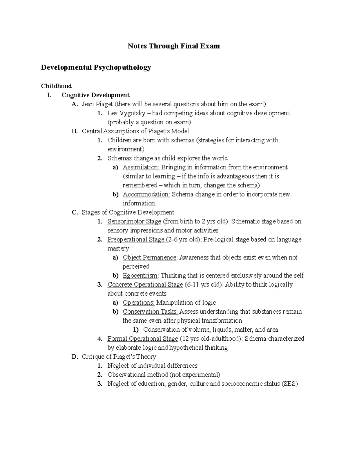 PSYC 1001 Final Study Guide - Notes Through Final Exam Developmental ...