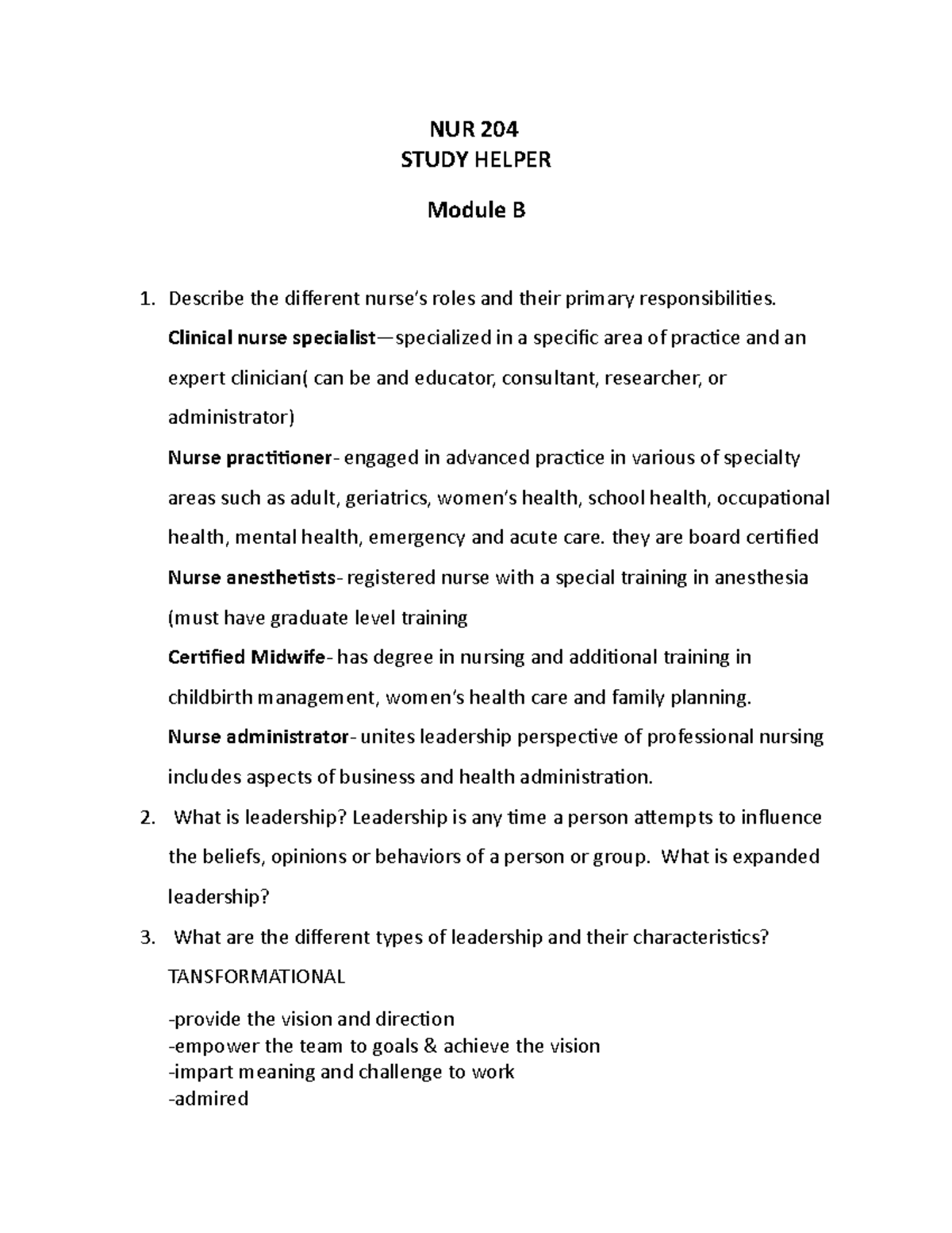 Studyguide B added info - NUR 204 STUDY HELPER Module B Describe the ...