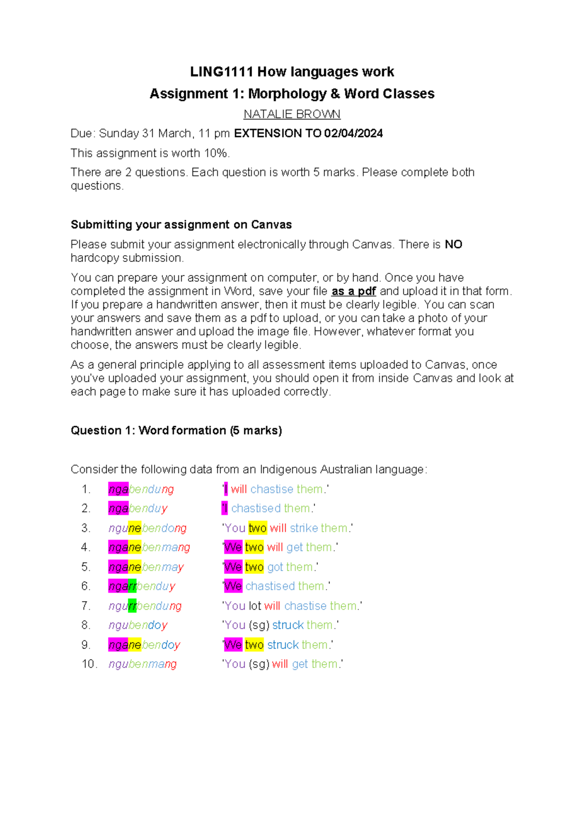 LING1111 2024 assignment 3 Morphology & word classes - LING1111 How ...