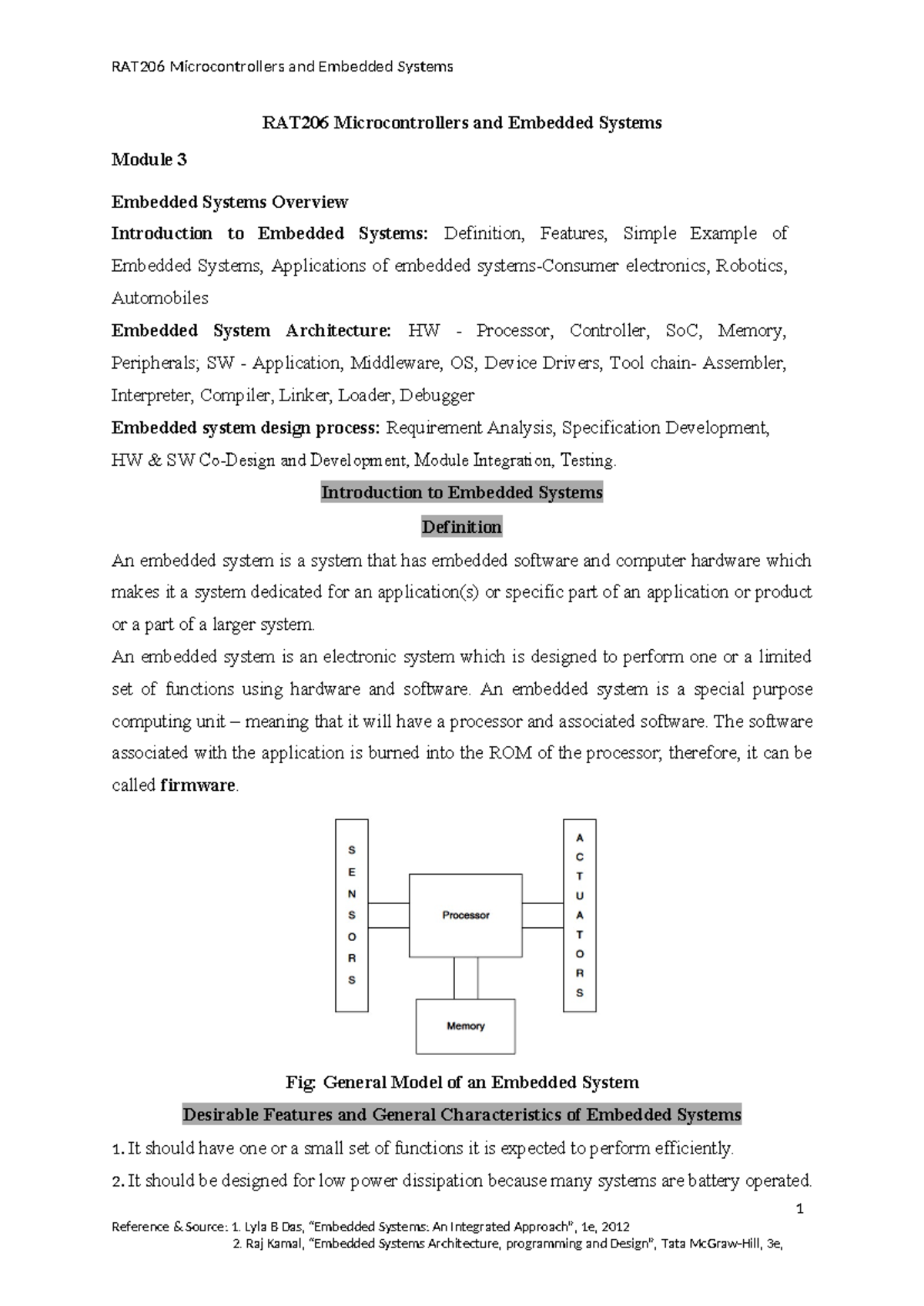 RAT206 MC ES-Module 3 - 1 Reference & Source: 1. Lyla B Das, “Embedded ...