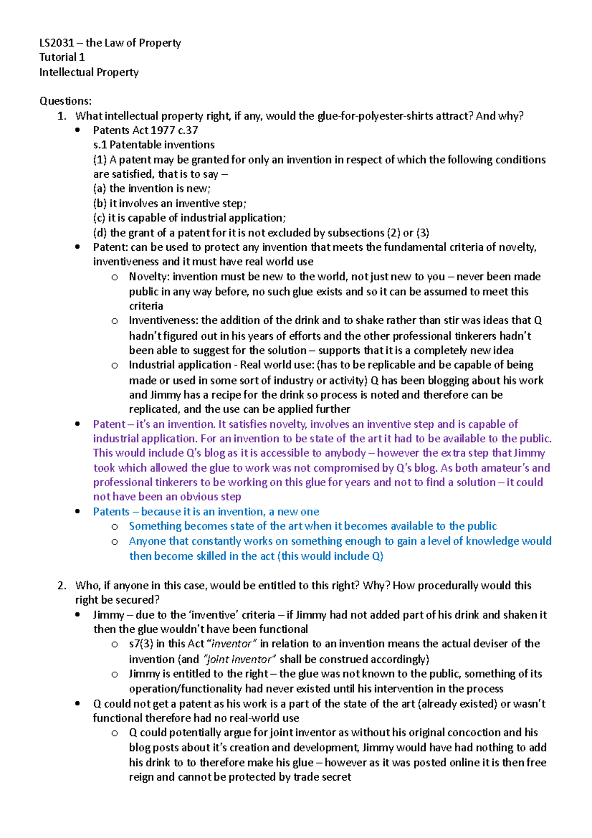 Property - Tutorial One - LS2031 – the Law of Property Tutorial 1 Intellectual Property ...