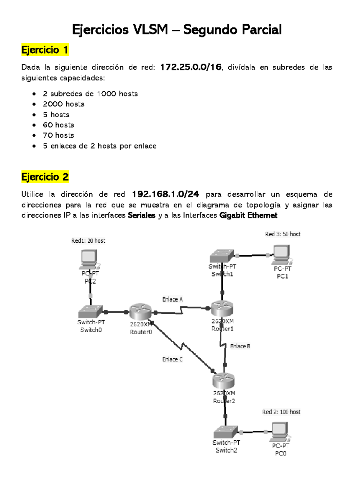 Practica de ejercicios de direcciones IP - Ejercicios VLSM – Segundo Parcial Ejercicio 1 Dada la ...