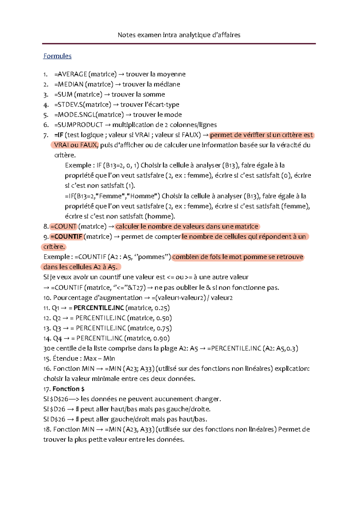 Notes examen intra analytique - Exemple : IF (B13=2, 0, 1) Choisir la ...