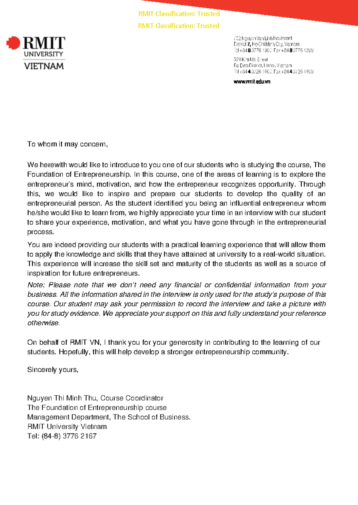 BUSM3299 Fo E, Letter to entrepreneur - RMIT Classification: Trusted ...