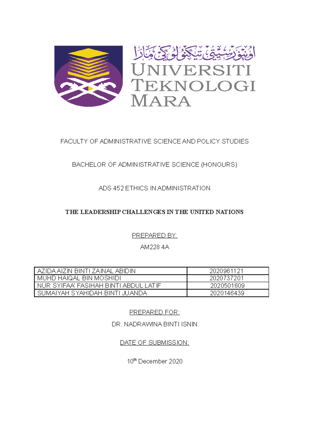 ADS452 Assignment - FACULTY OF ADMINISTRATIVE SCIENCE AND POLICY ...