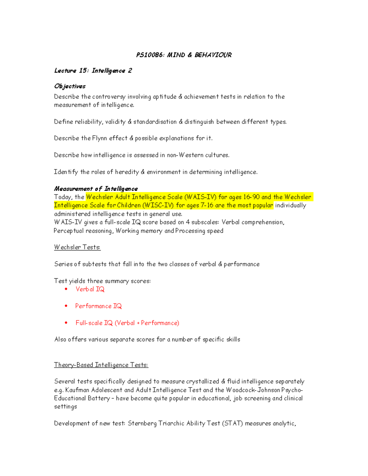 Lecture 15 Intelligence 2 Handout - PS10086: MIND & BEHAVIOUR Lecture 15: Intelligence 2 - Studocu