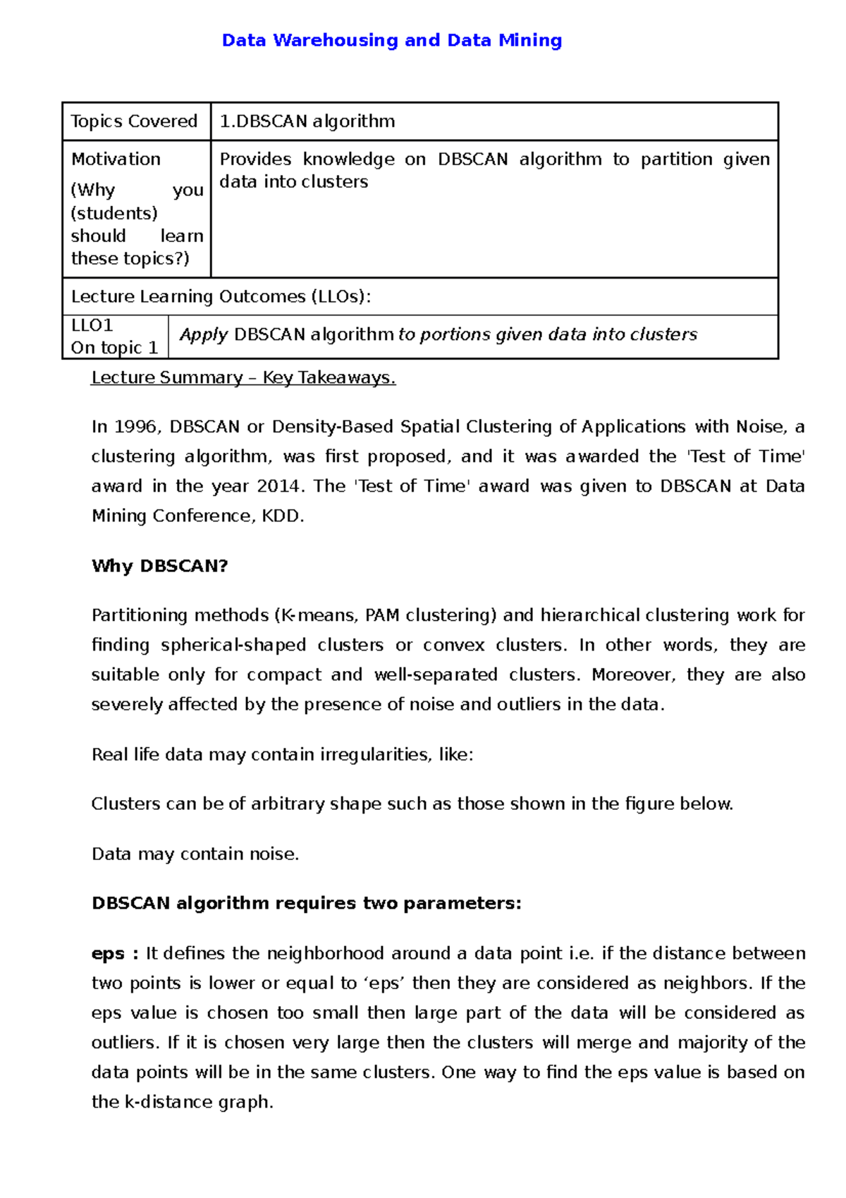 Dbscan Algorithm To Partition Given Data Into Clusters Topics Covered 1 Algorithm Motivation