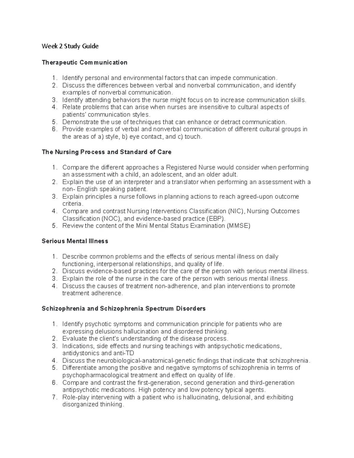 Week 2 Study Guide - Week 2 Study Guide Therapeutic Communication ...