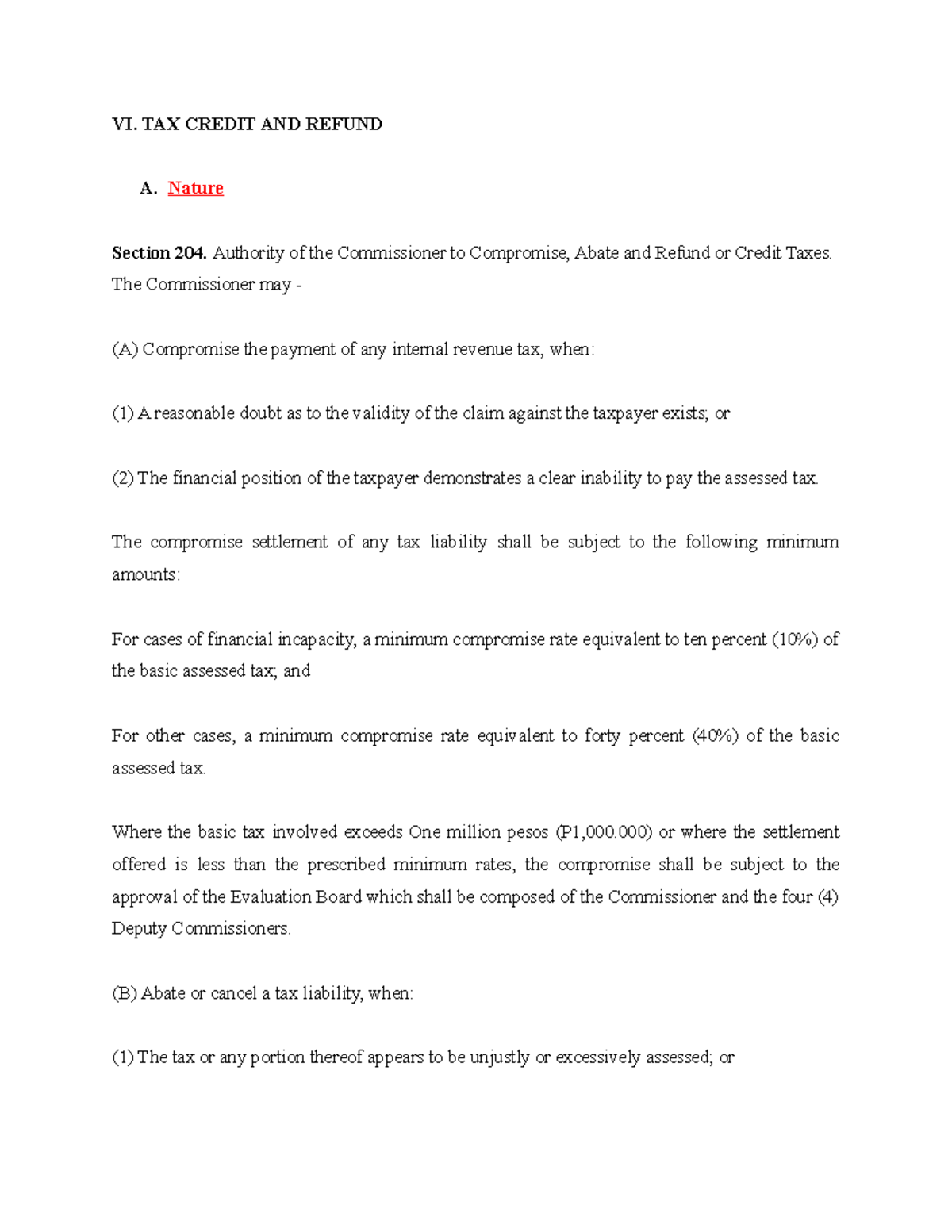 TAX Credit AND Refund - VI. TAX CREDIT AND REFUND A. Nature Section 204 ...