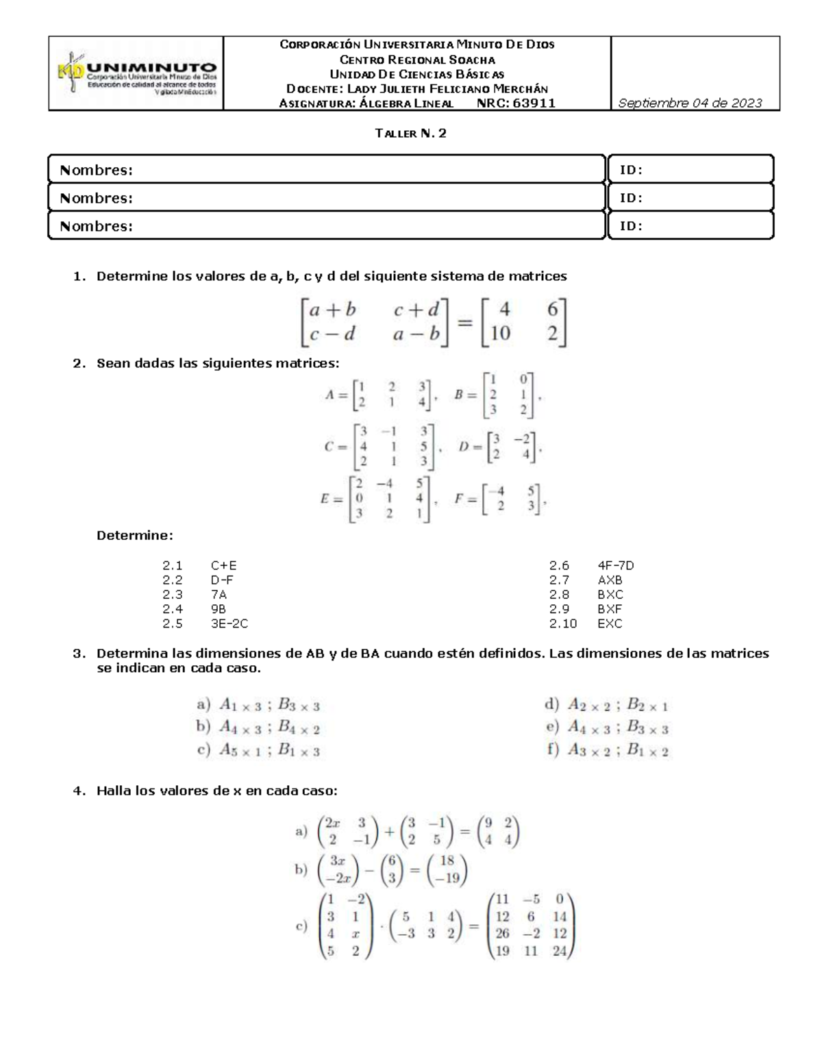 Taller 2. Lineal-1 - CORPORACI”N UNIVERSITARIA MINUTO DE DIOS CENTRO REGIONAL SOACHA UNIDAD DE ...