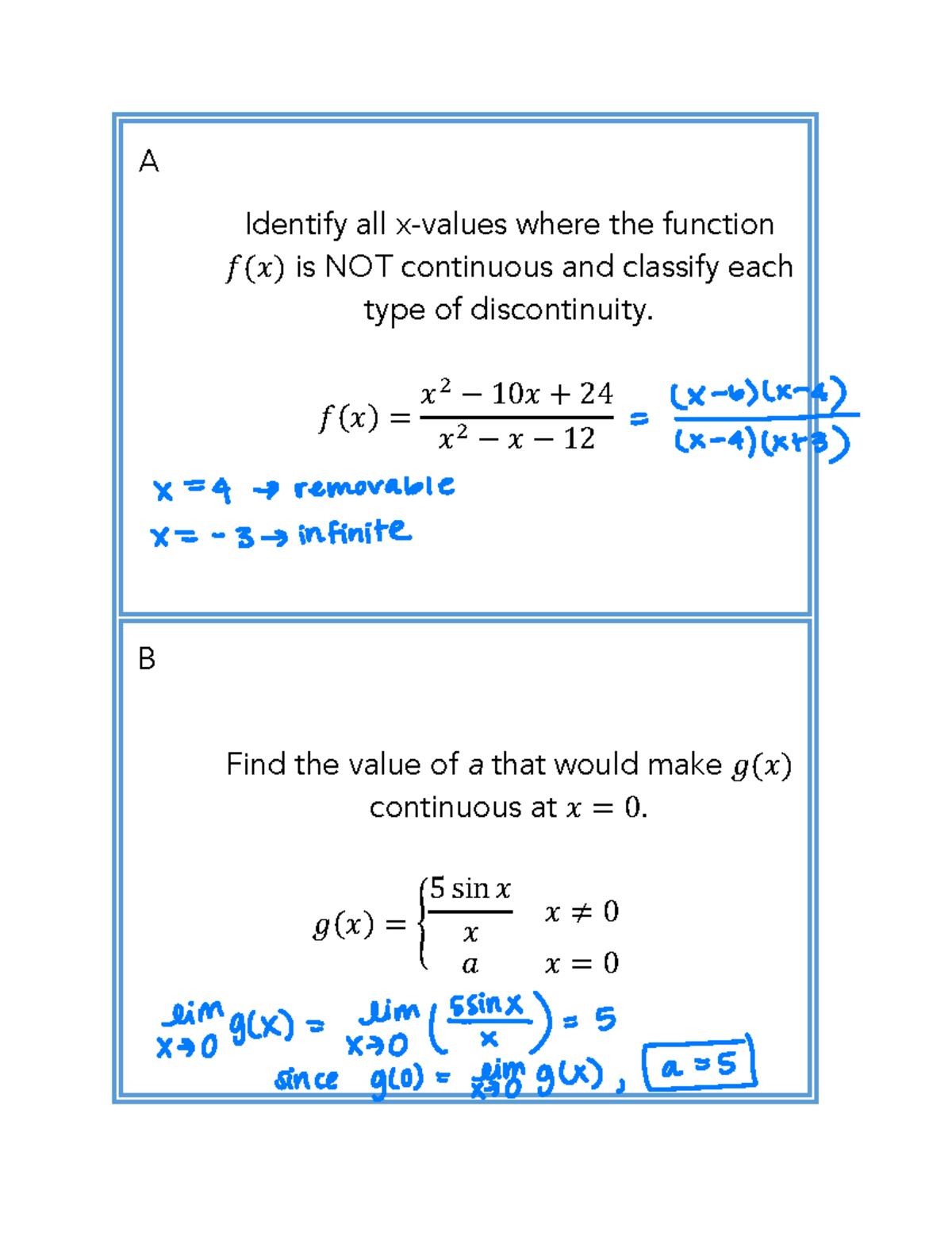 Continuity Task Cards Answer Key - Identify all x-values where the ...