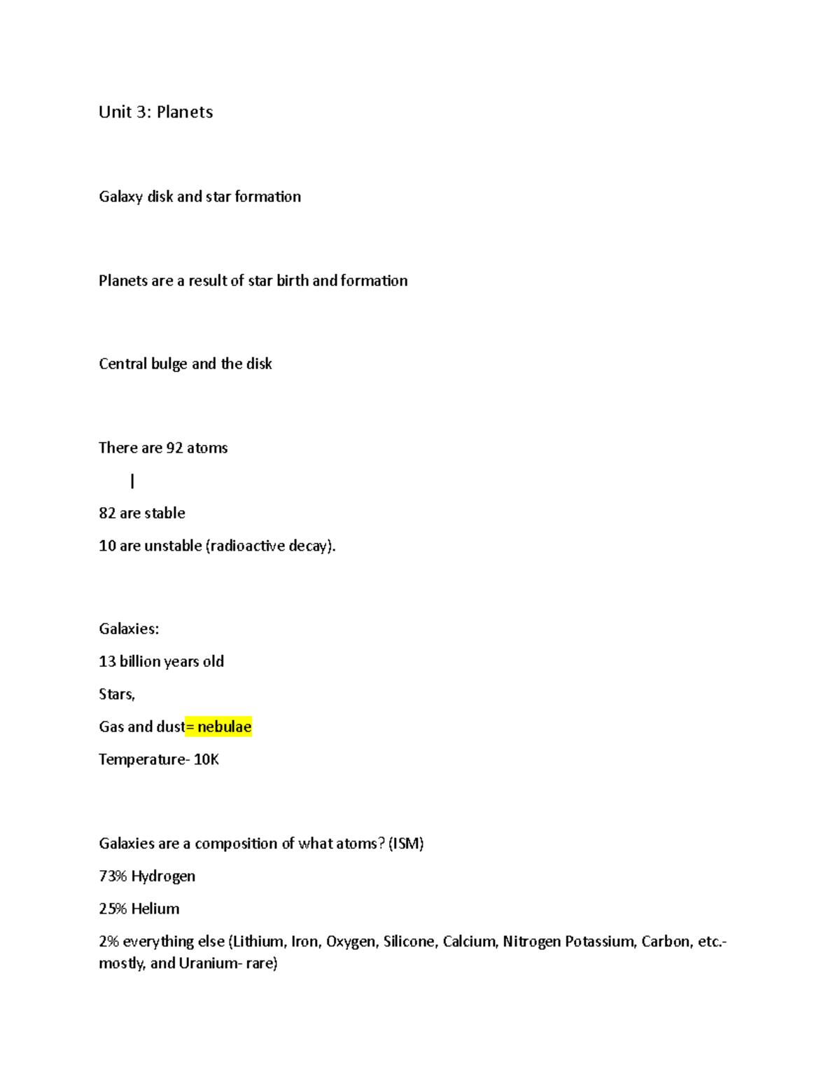 Unit 3 notes - Unit 3: Planets Galaxy disk and star formation Planets ...