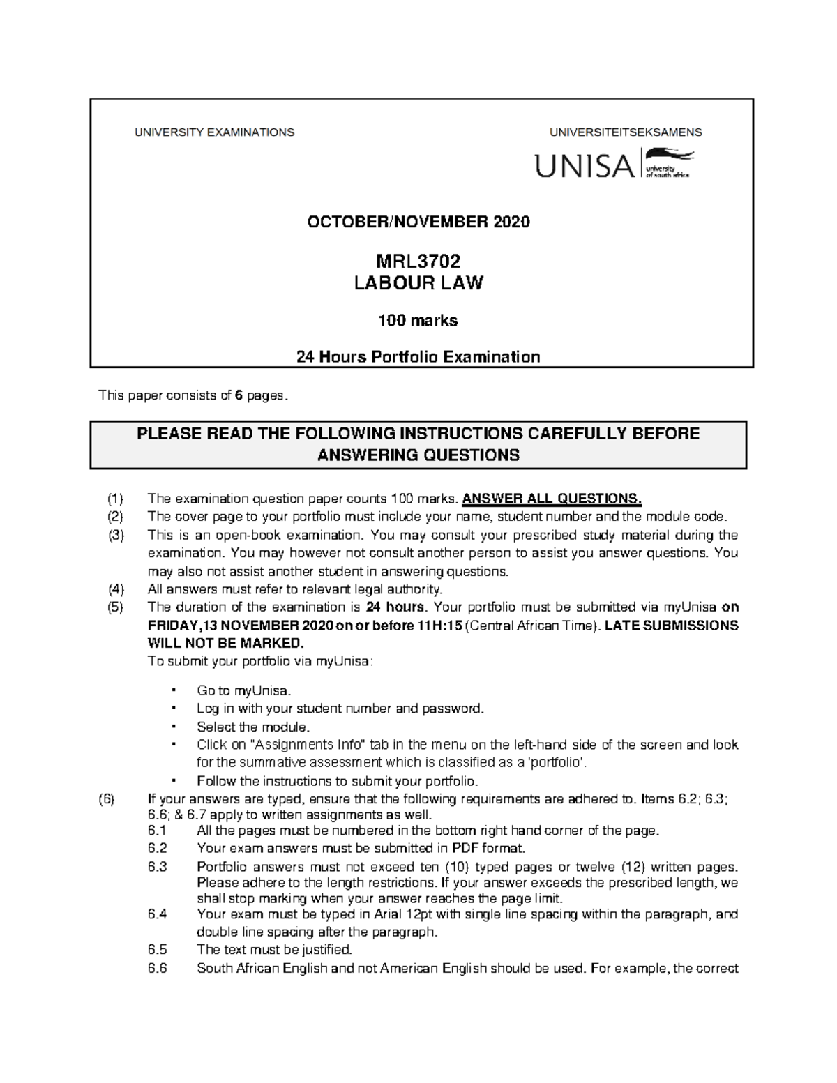 2020 EXAM PORTFOLIO PAPER - OCTOBER/NOVEMBER 2020 MRL LABOUR LAW 100 ...