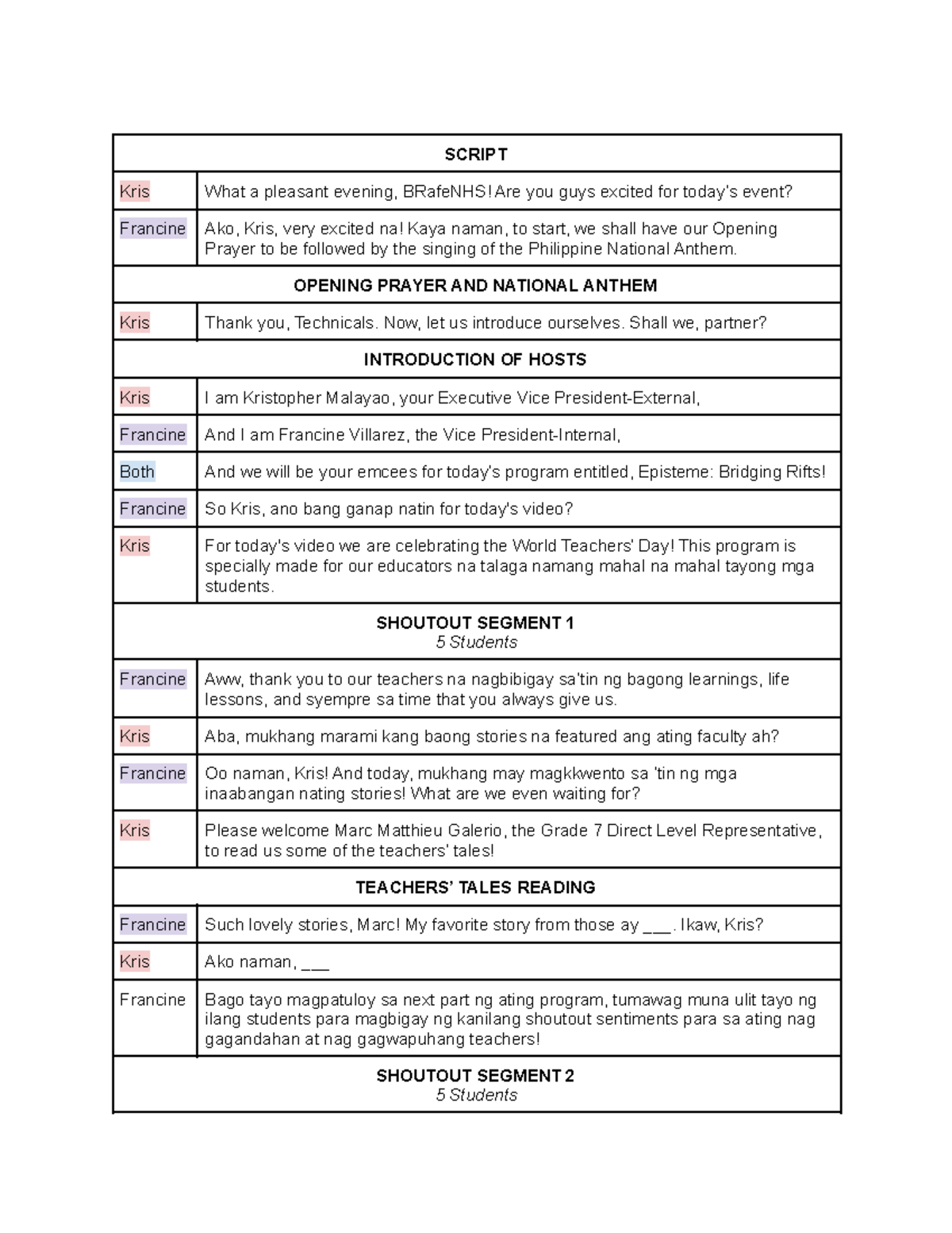 [ Script] Teachers' Month Program - SCRIPT Kris What a pleasant evening ...