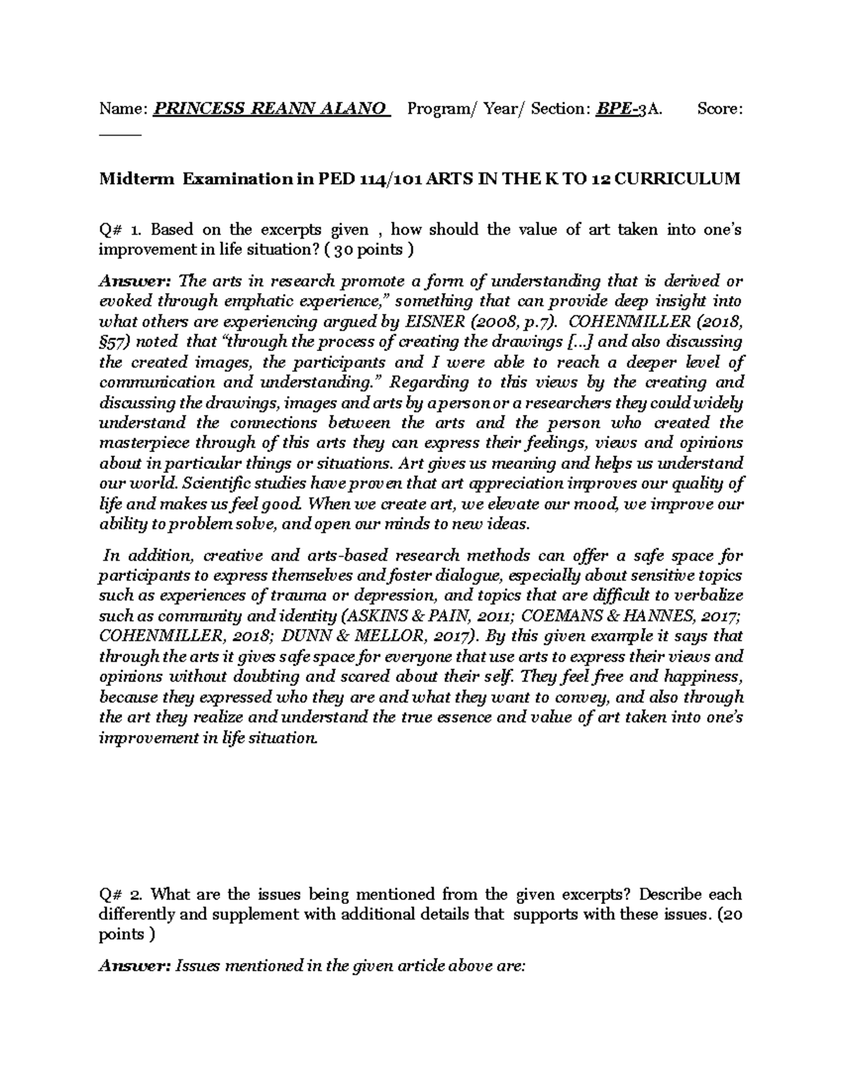 PED-114-EXAM. Alano Princess Reann. BPE-3A - Name: PRINCESS REANN ALANO ...