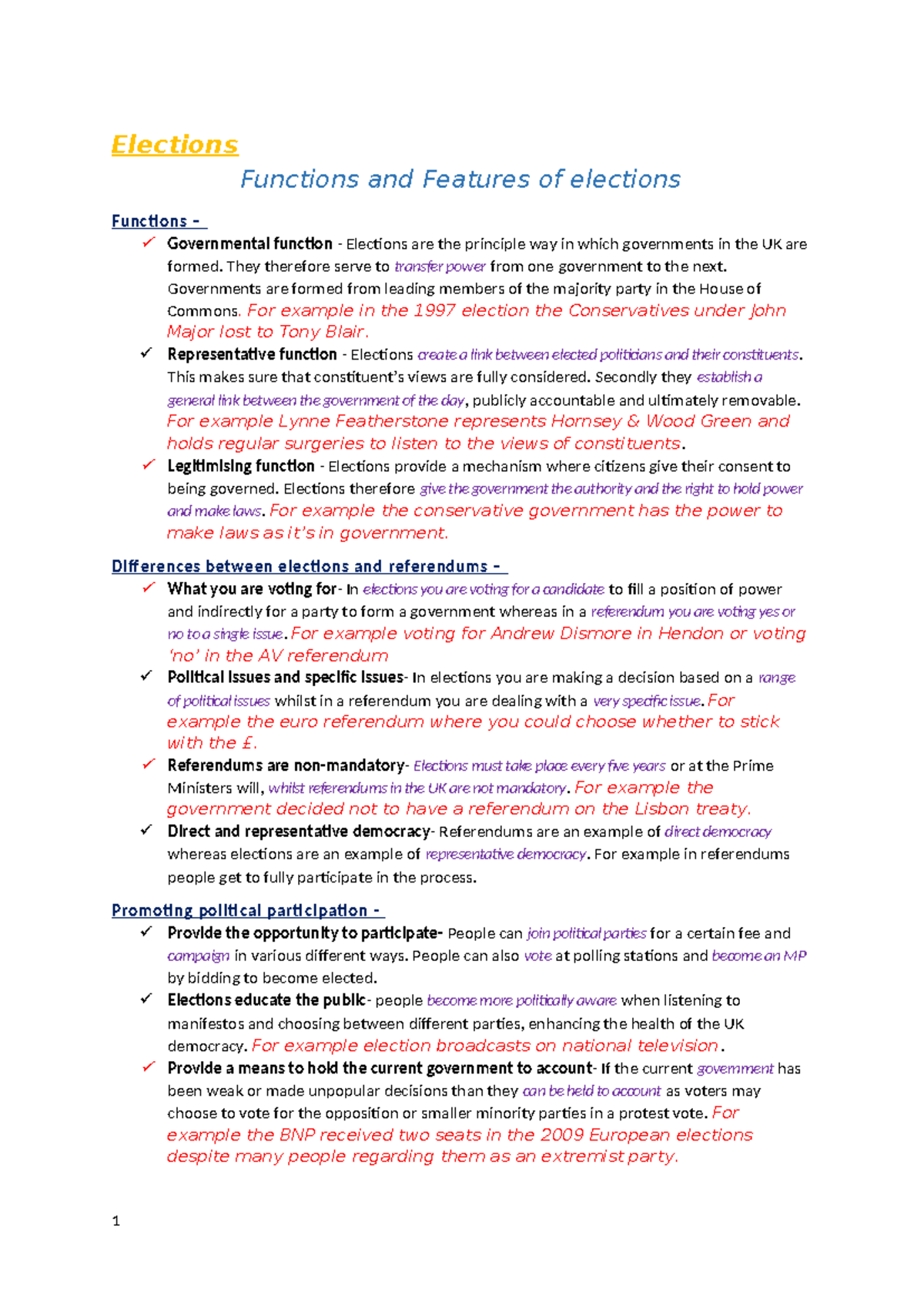 Edexcel AS Government Politics Notes - Elections Functions and Features ...