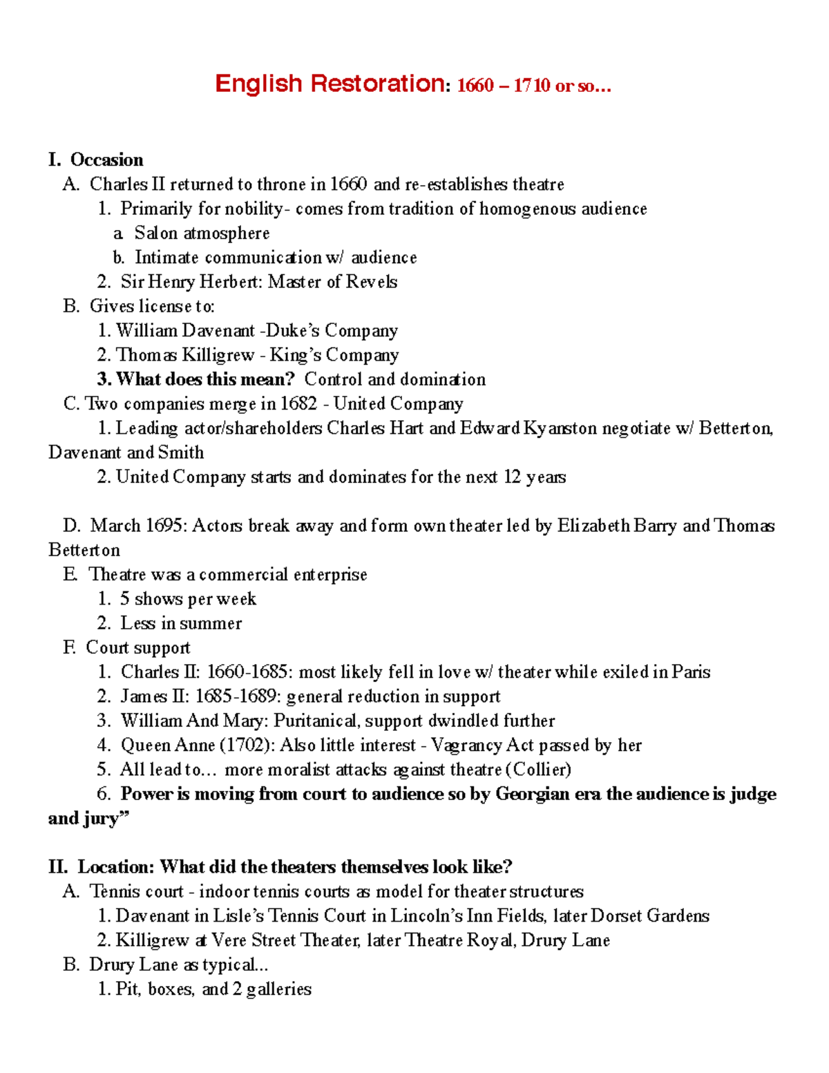 English Restoration - Occasion A. Charles II returned to throne in 1660 ...