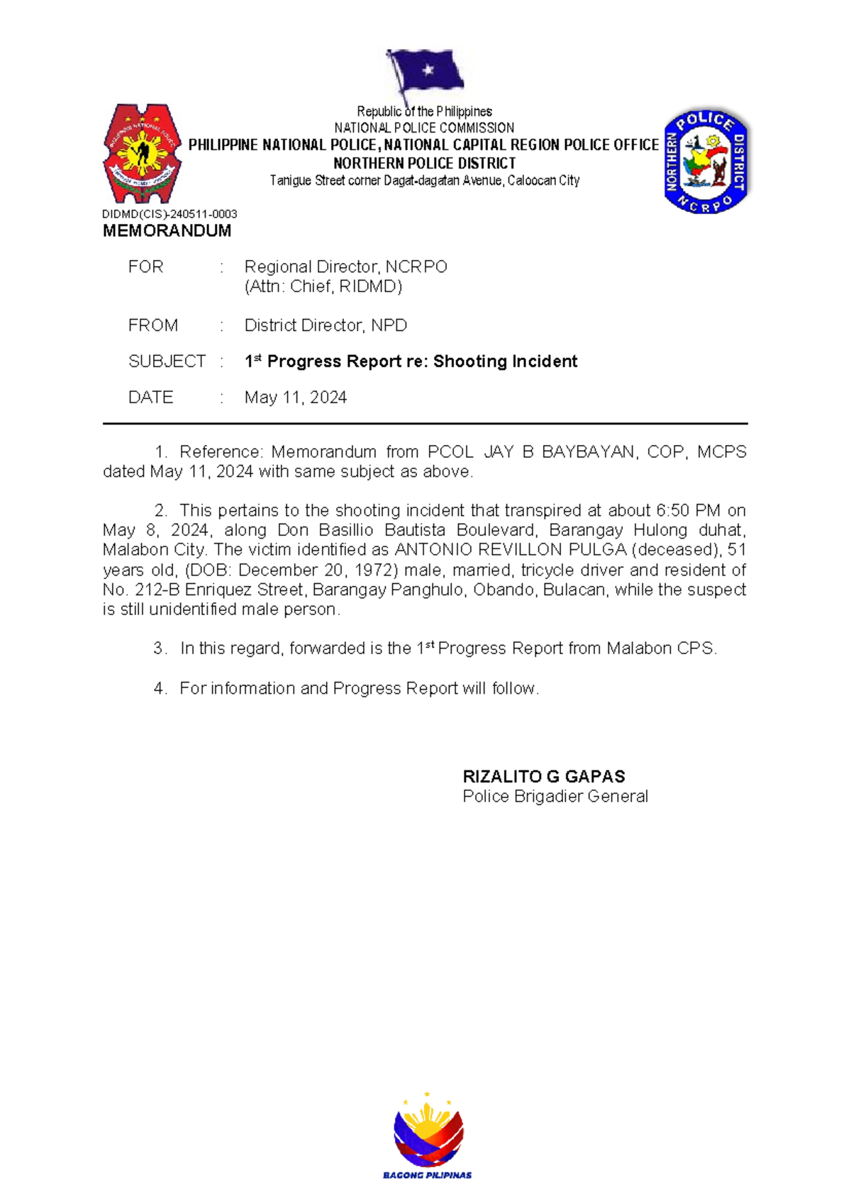 1st Progress Report re Shooting Incident - Republic of the Philippines ...