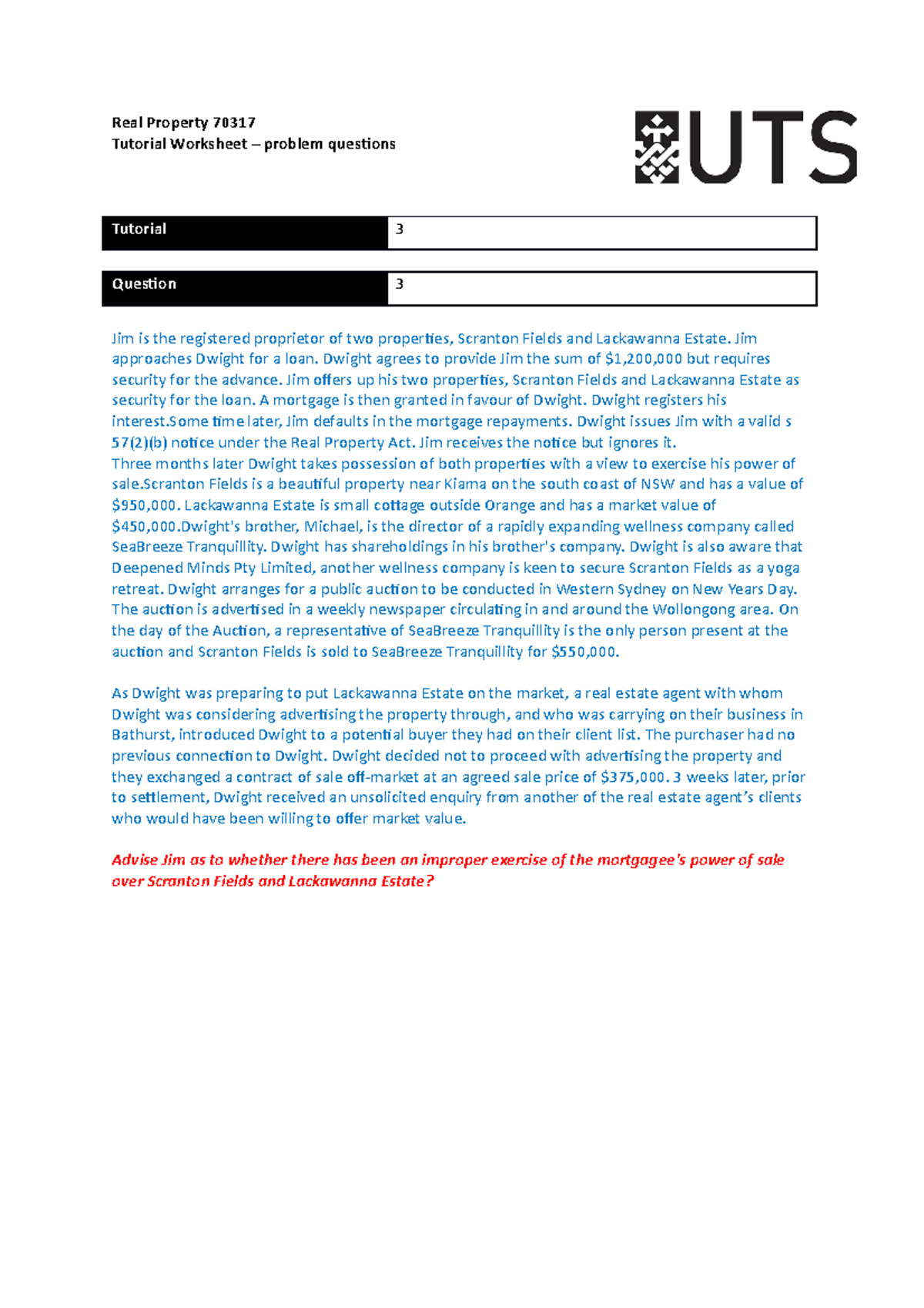 Tutorial 3 - Pre-Preparation Worksheet 2022-2 - Real Property 70317 ...