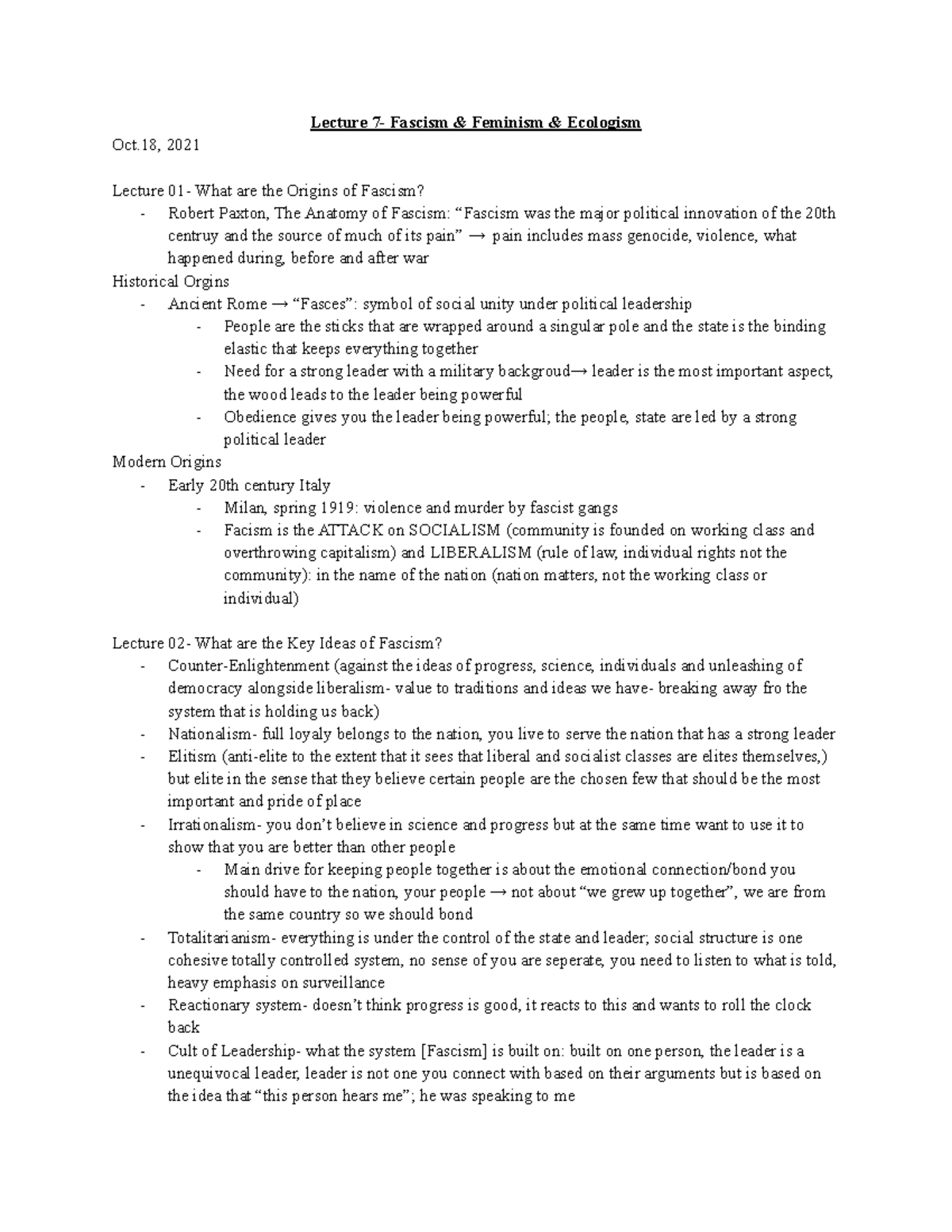 Polisci 1020 - Semester 1 - Lecture 7 - 2021 - Lecture 7- Fascism ...