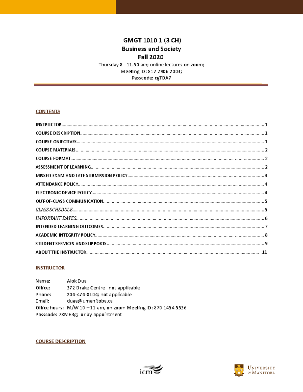 Gmgt1010 - outline - GMGT 1010 1 (3 CH) Business and Society Fall 2020 ...