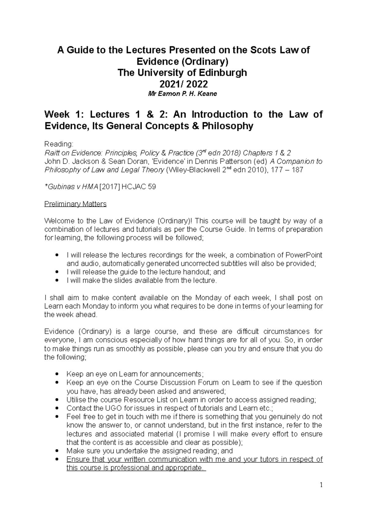 Week 1 Guide to Lectures. - A Guide to the Lectures Presented on the ...