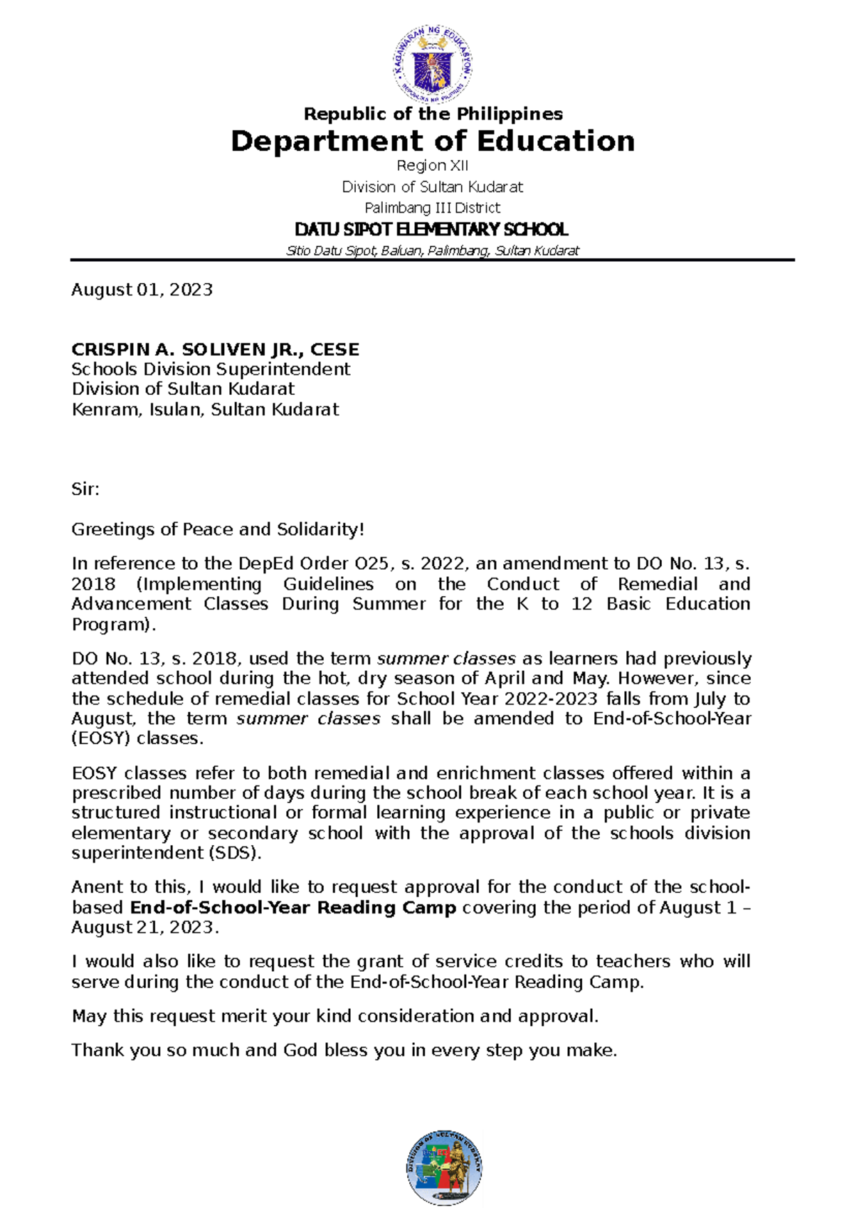 Letter of Intent for Eo SY 2023 - Republic of the Philippines ...