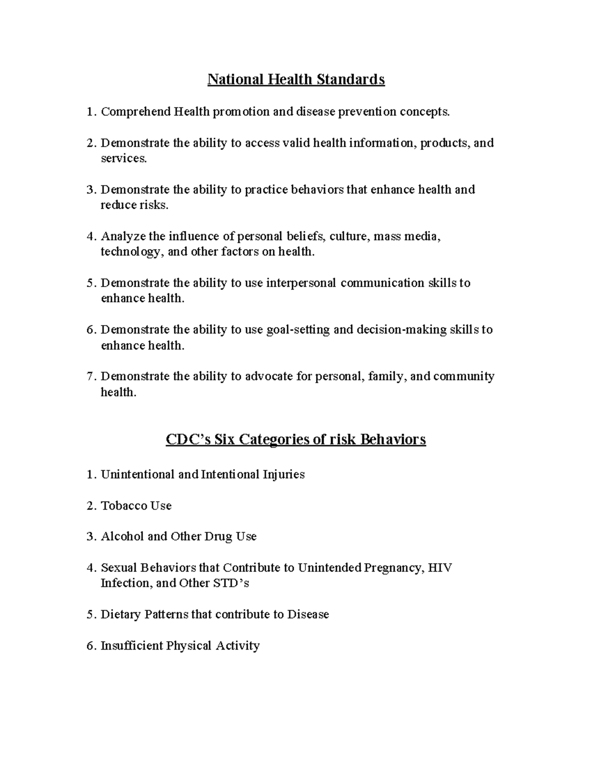National Health Standards - Comprehend Health promotion and disease ...