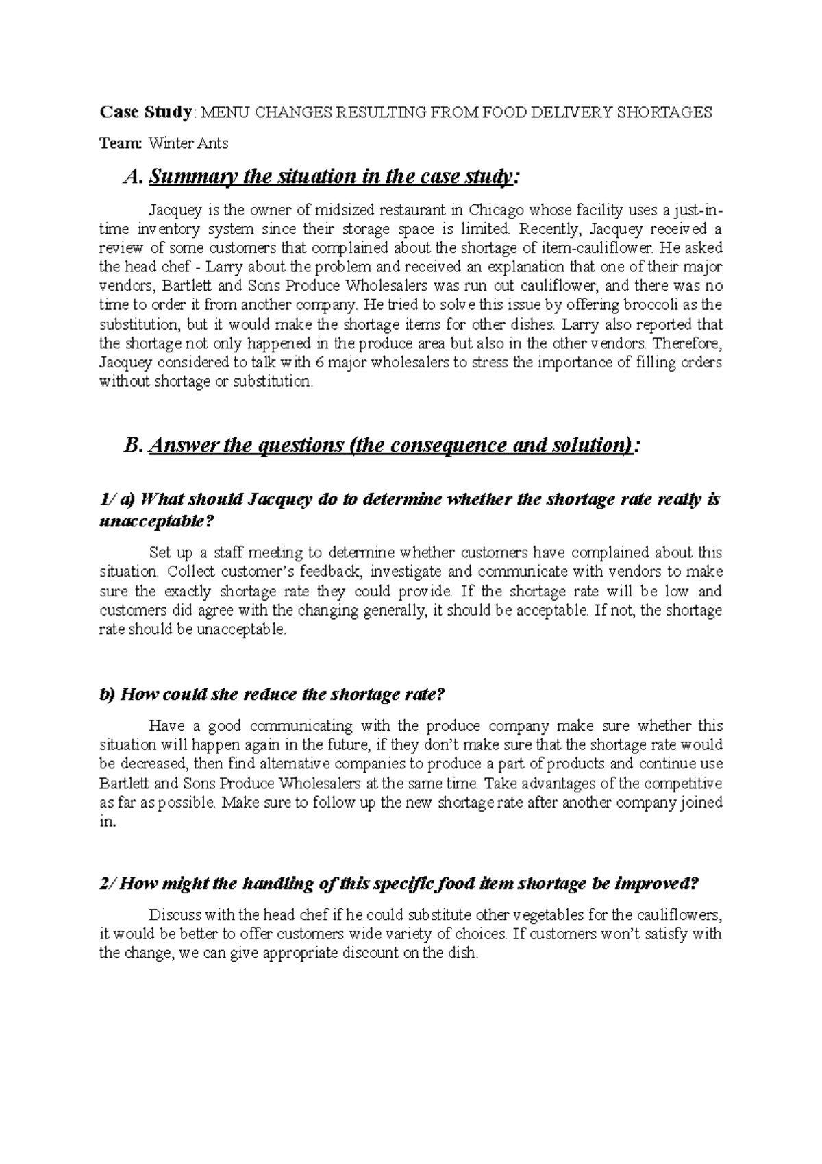 Summary of the case studies - Case Study: MENU CHANGES RESULTING FROM ...