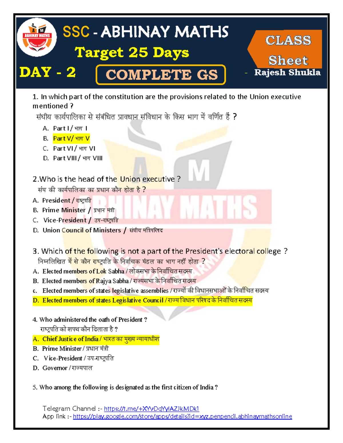 DAY - 2 Practice Sheet 7NOV - Telegram Channel :- t/+XYvDqYylAZJkMDk 1. In which part of the ...