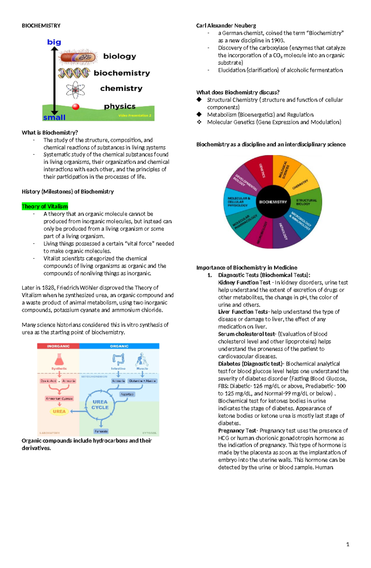 Biochemistry - Notes - BIOCHEMISTRY What is Biochemistry? - The study ...