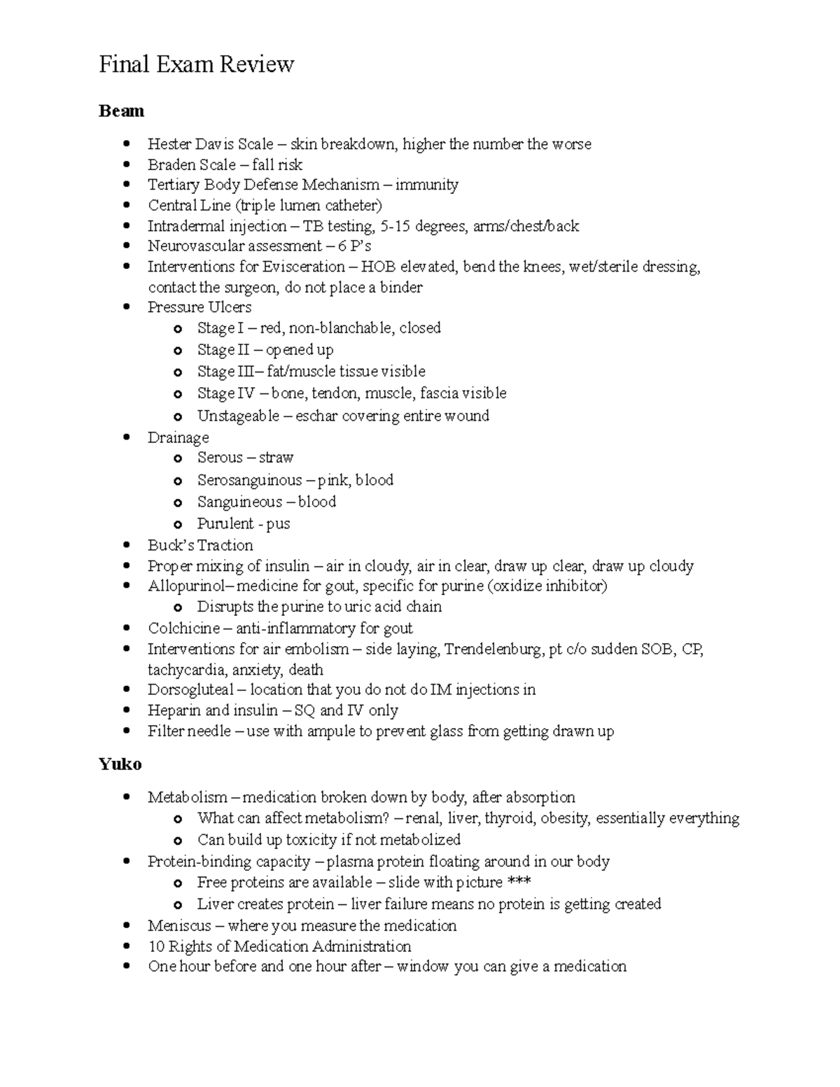 Final Exam Reivew - N/A - Beam Hester Davis Scale – skin breakdown ...